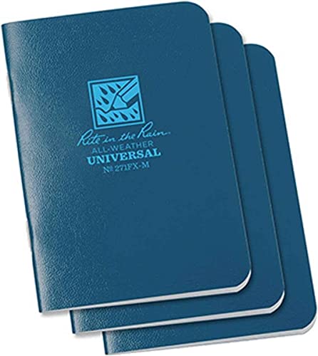 Rite In The Rain Weatherproof Mini-Stapled Notebook, 3 1/4" x 4 5/8", Blue Cover, Universal Pattern, 3 Pack (No. 271FX-M)