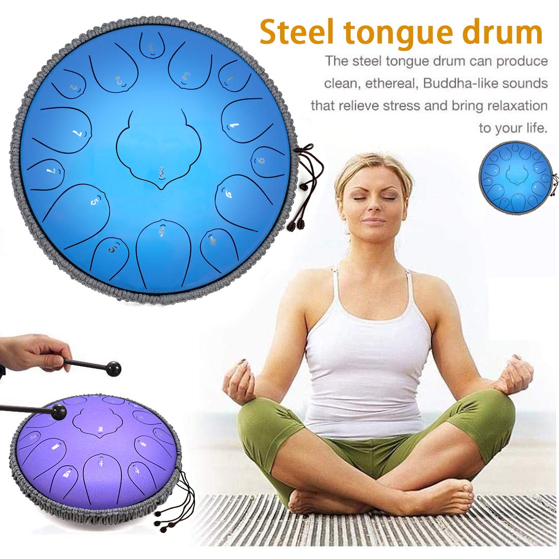 Steel Tongue Drum, 15 Notes 13 Inches Percussion Instrument D-Key Handpan Drum (Navy Blue)