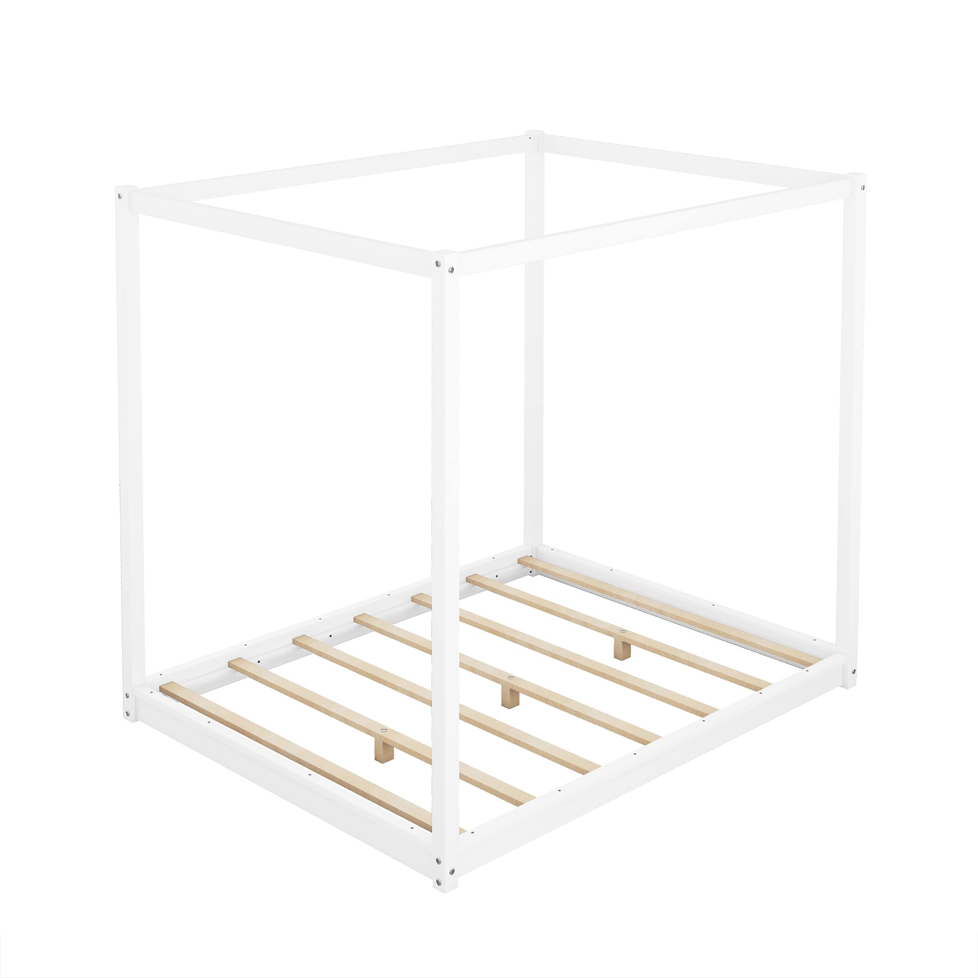Prohon King Canopy Bed without Headboard, Montessori Floor Bed Wooden Canopy Bed Frame, King Size Platform Bed for Kids, Teen, Adults, No Box Spring Needed, Easy to Install, White