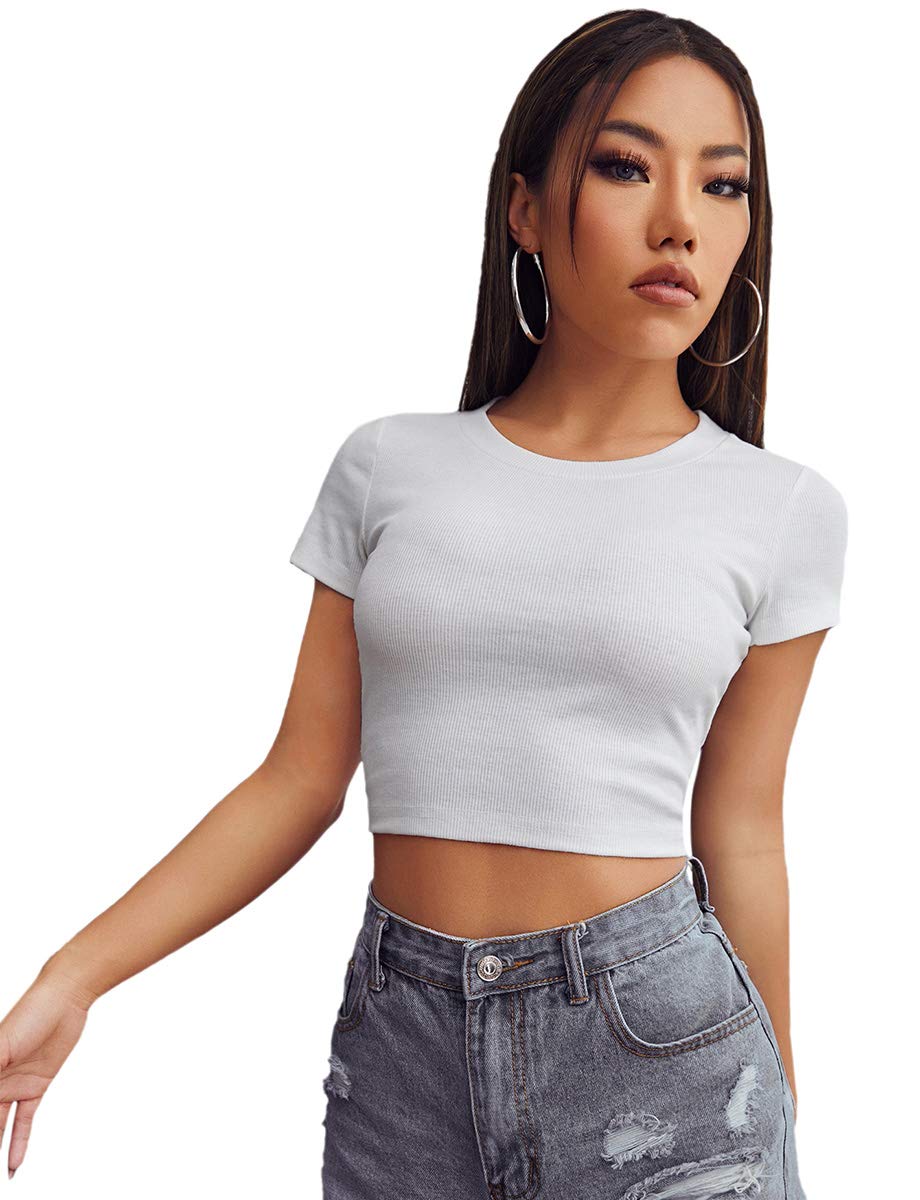 Romwe Women's Casual Summer Crop Top Solid Short Sleeve Workout Crop Blouse Tee T-Shirt White Plain XL