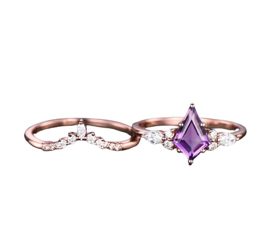 Vintage kite cut purple amethyst ring unique amethyst engagement ring set rose gold marquise cut diamond ring set bridal wedding ring set (ROSE GOLD, 7)
