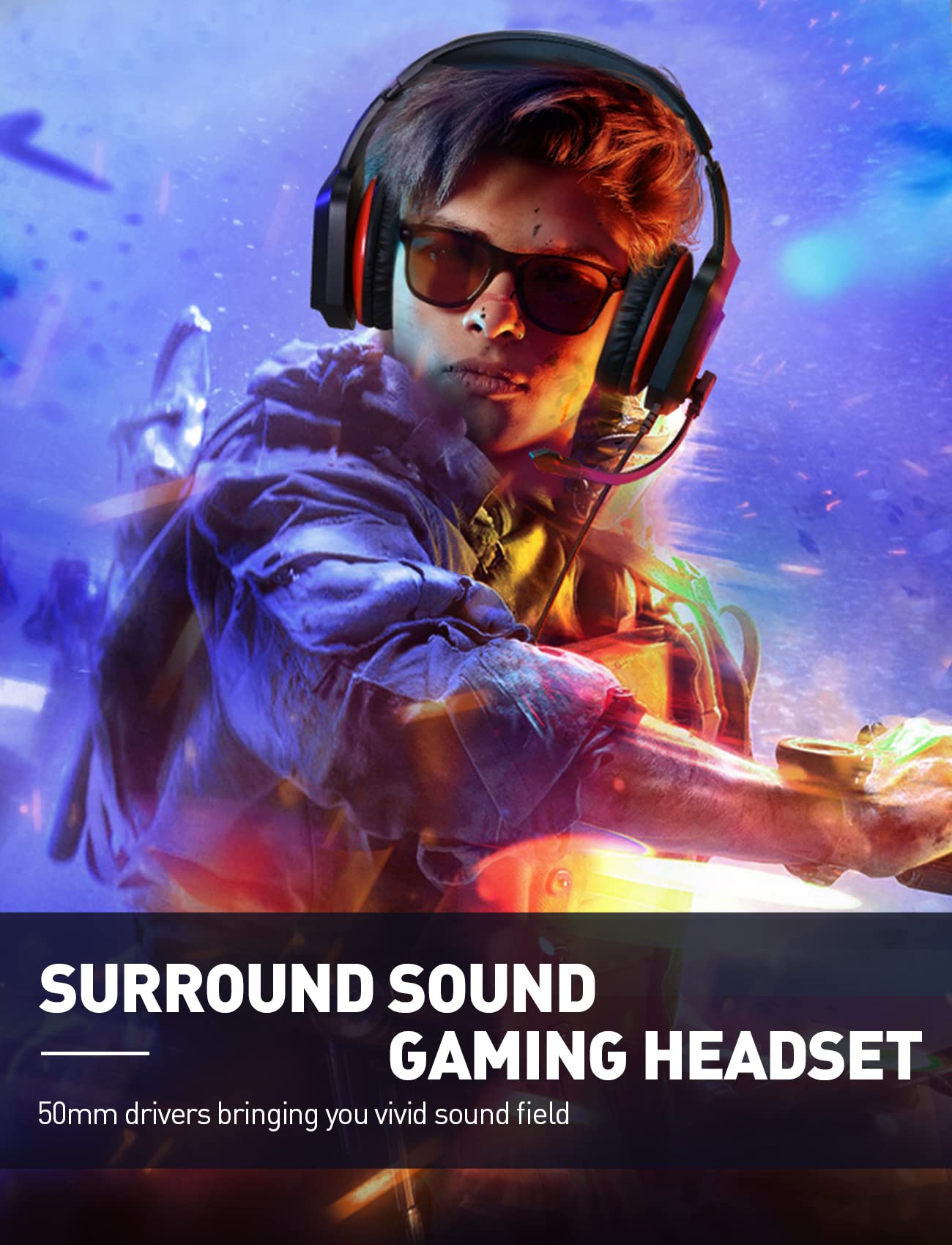YaungBass Gaming Headset for PS4 PC Xbox One PS5 Controller, Stereo Sound Noise Cancelling Over Ear Headphones with Mic, Headsets Wired PC, PS4, PS5, Switch, Laptop Mac Nintendo 1.Black & Red