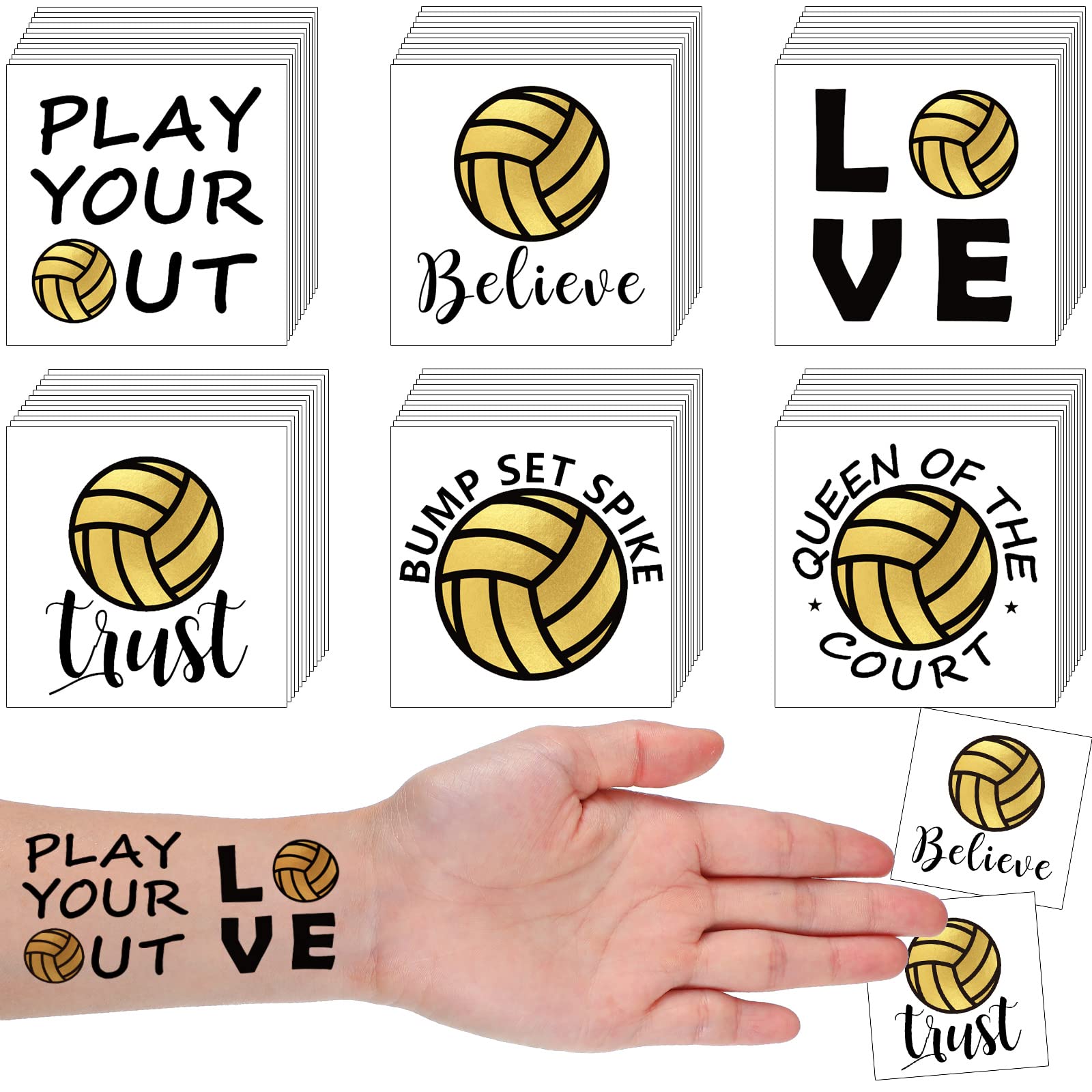WILLBOND 120 Pcs Volleyball Temporary Tattoos for Team Volleyball Team Gift Sports Face Tattoos Waterproof Body Stickers Gold Tattoo for Fans Team Party Favor Supplies, 6 Styles