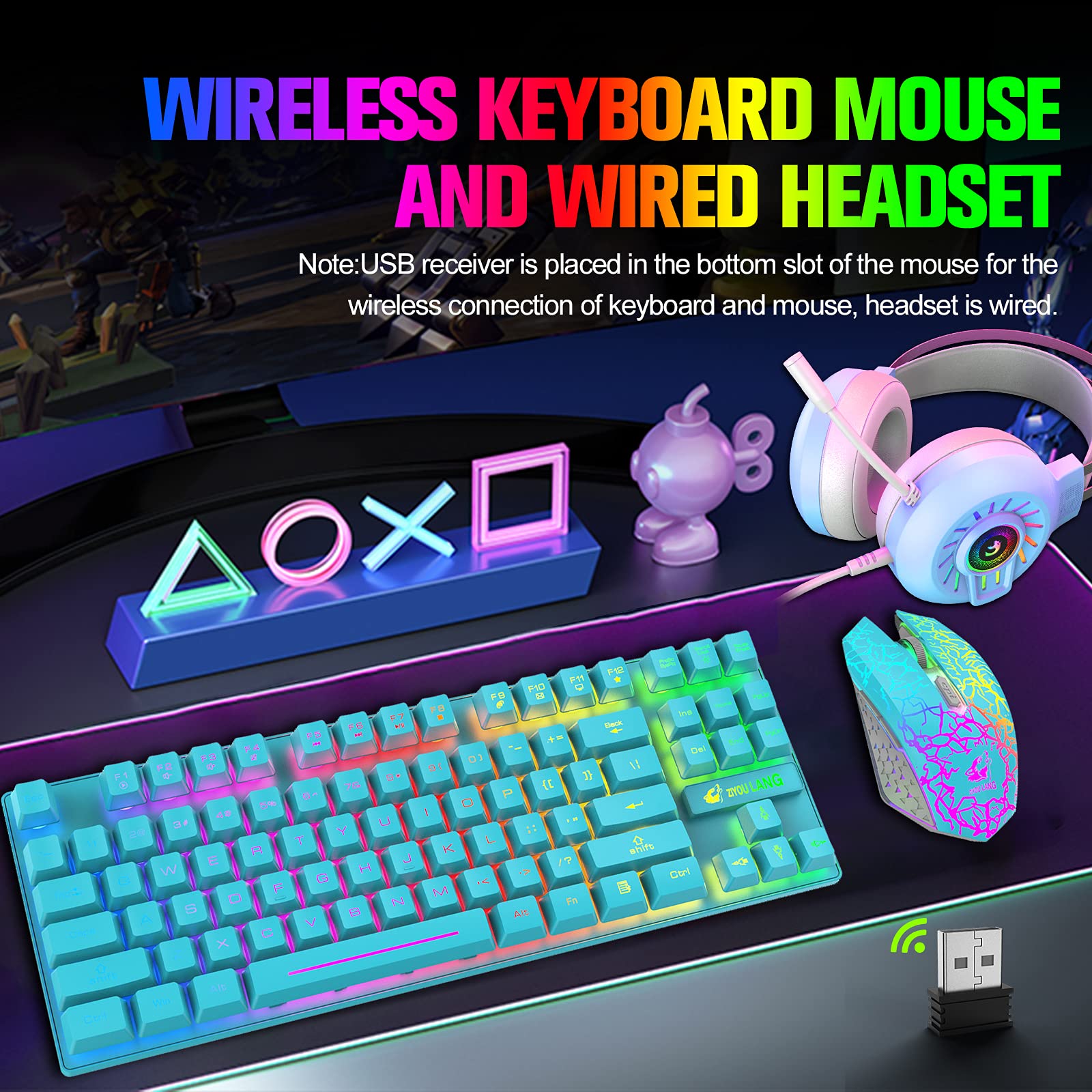 ZIYOU LANG Wireless Gaming Keyboard Mouse and Wired Headphone with Ergonomic 87Key Rainbow Backlight Rechargeable 3800mAh Battery Mechanical Anti-ghosting Mouse pad for PC Laptop Gamer Typist(Blue)