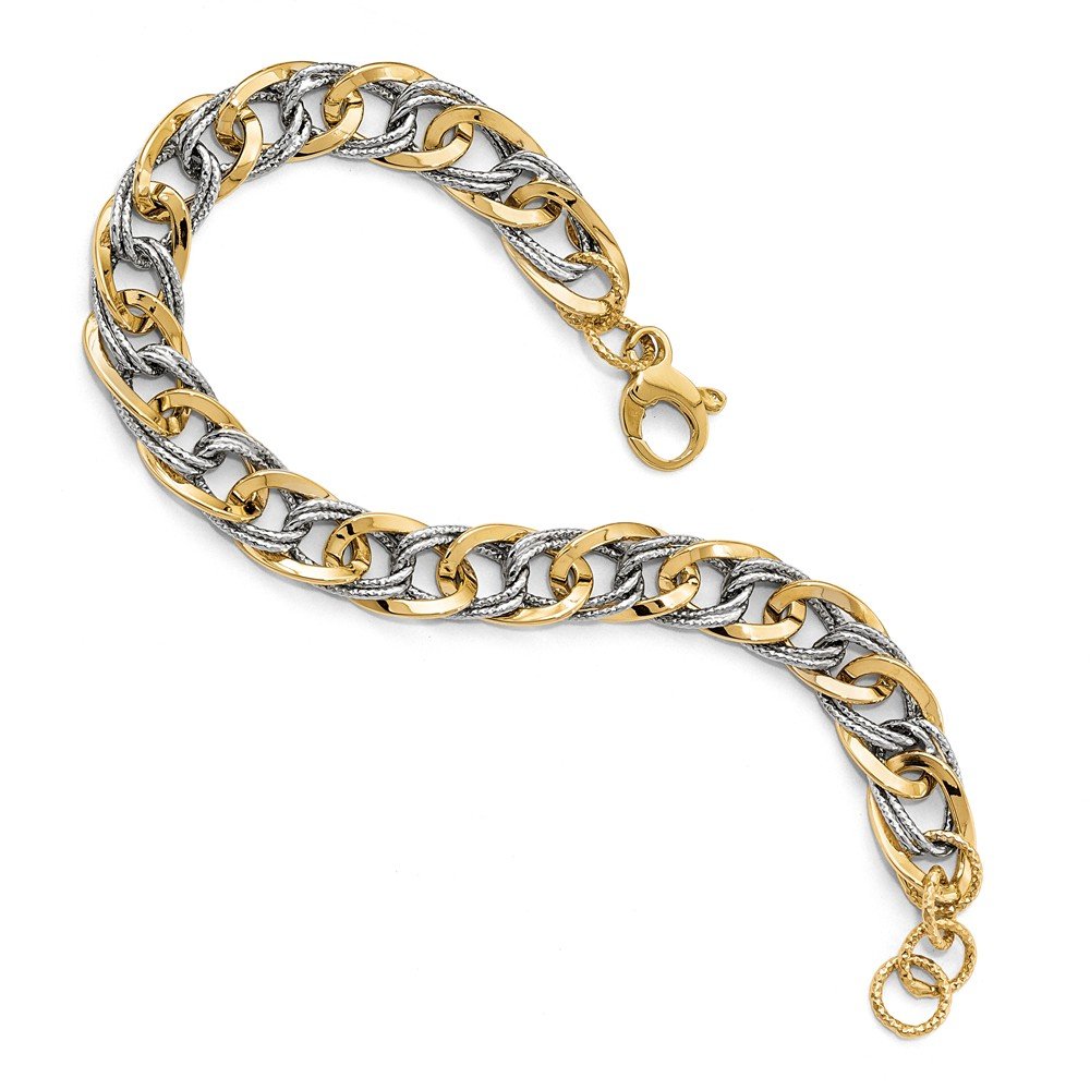Solid 14k Yellow and White Gold Two Tone and Textured Unique Link Bracelet - with Secure Lobster Lock Clasp 8" (Width = 9mm)