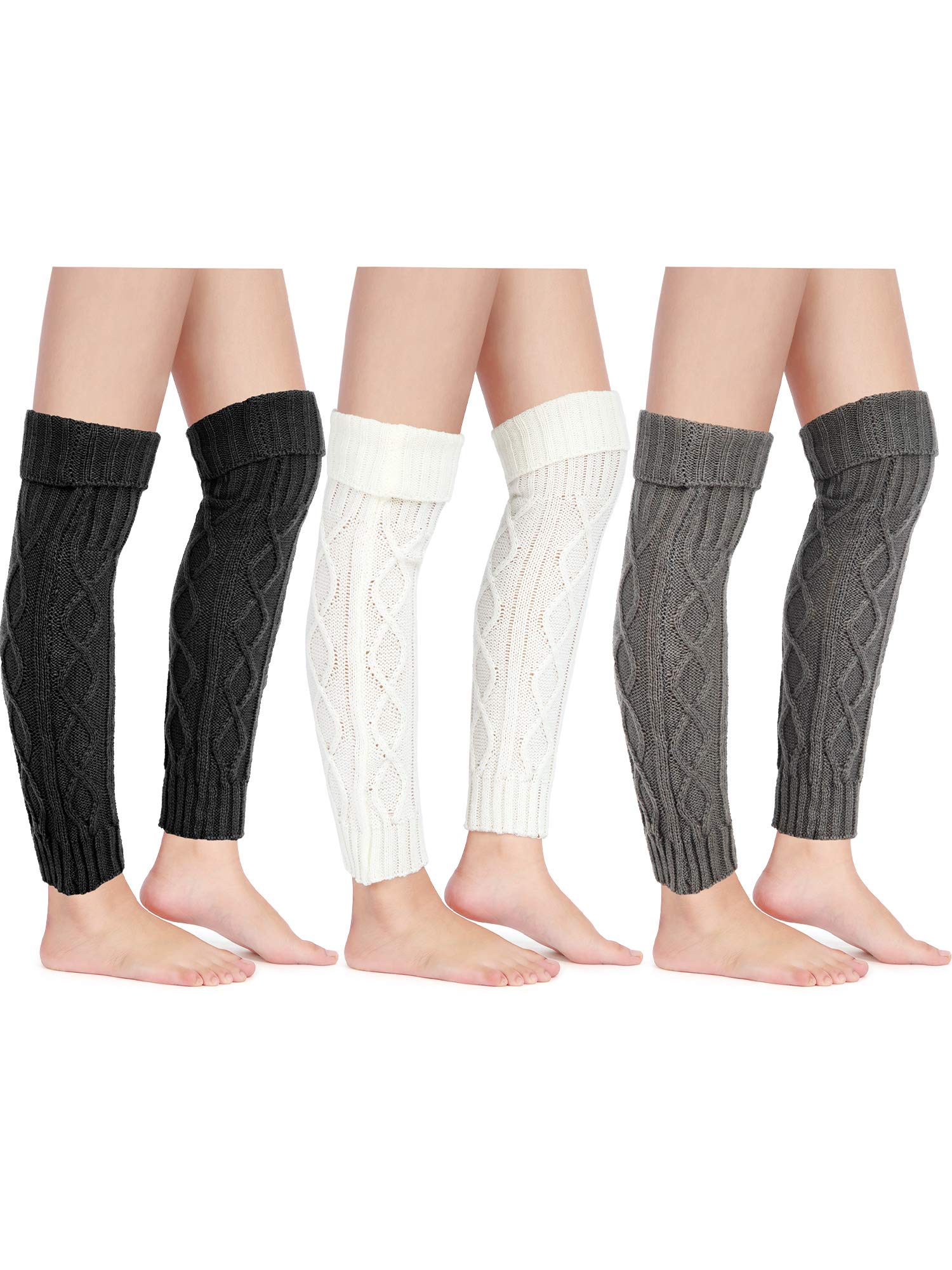 SATINIOR 3 Pairs Knit Leg Warmer Cable Footless Sock Winter High Leg Warmer for Women Girls (White, Light Gray, Black)