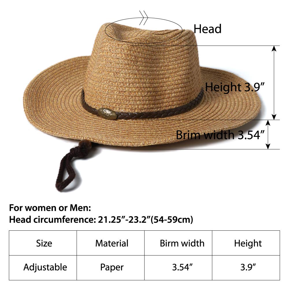 Womens Straw Sun Hat Classic Flat Beach Hat Mens Garden Hat Cowboy Style Hat with Wind Lanyard UPF 50+ Summer Hat Khaki