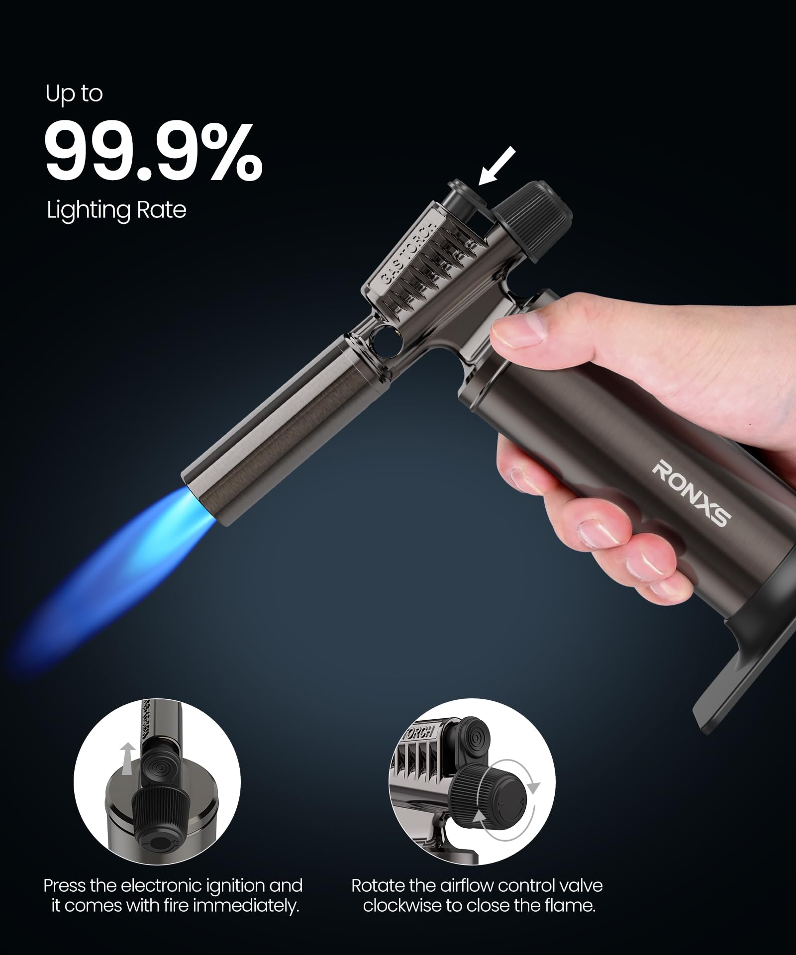RONXS Butane Torch, Torch Lighter with 25g Large Gas Capacity, Refillable Blow Torch with Max 6'' Big Continuous Adjustable Flame, Industrial Soldering Torch for Cooking DIY Crafts (Gas Not Included)