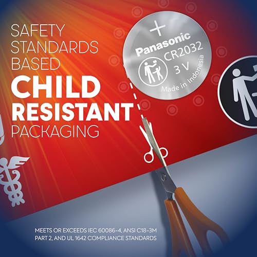 Panasonic CR2032 3.0 Volt Long Lasting Lithium Coin Cell Batteries in Child Resistant, Standards Based Packaging, 2-Battery Pack