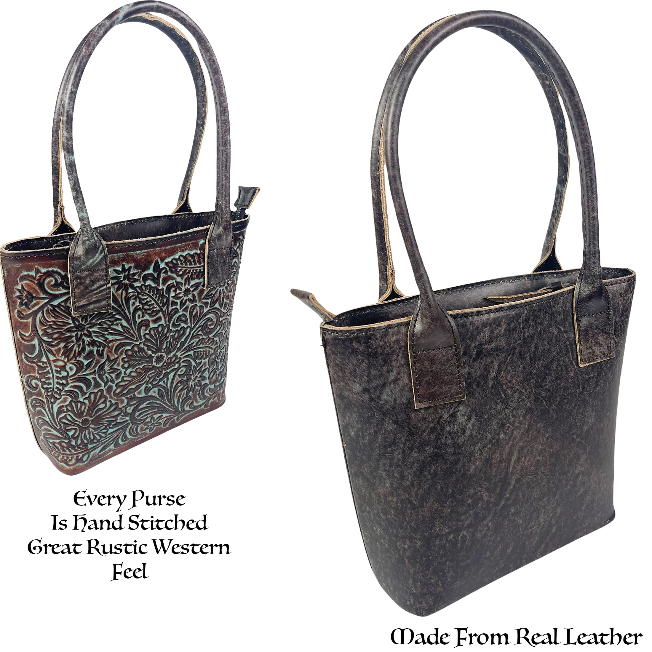 Urbalabs Western Purse Genuine Leather Hand Tooled Floral Handbag Tote Ladies Bag Leather Chain Strap Purse Hand Stitched (Dark Brown)