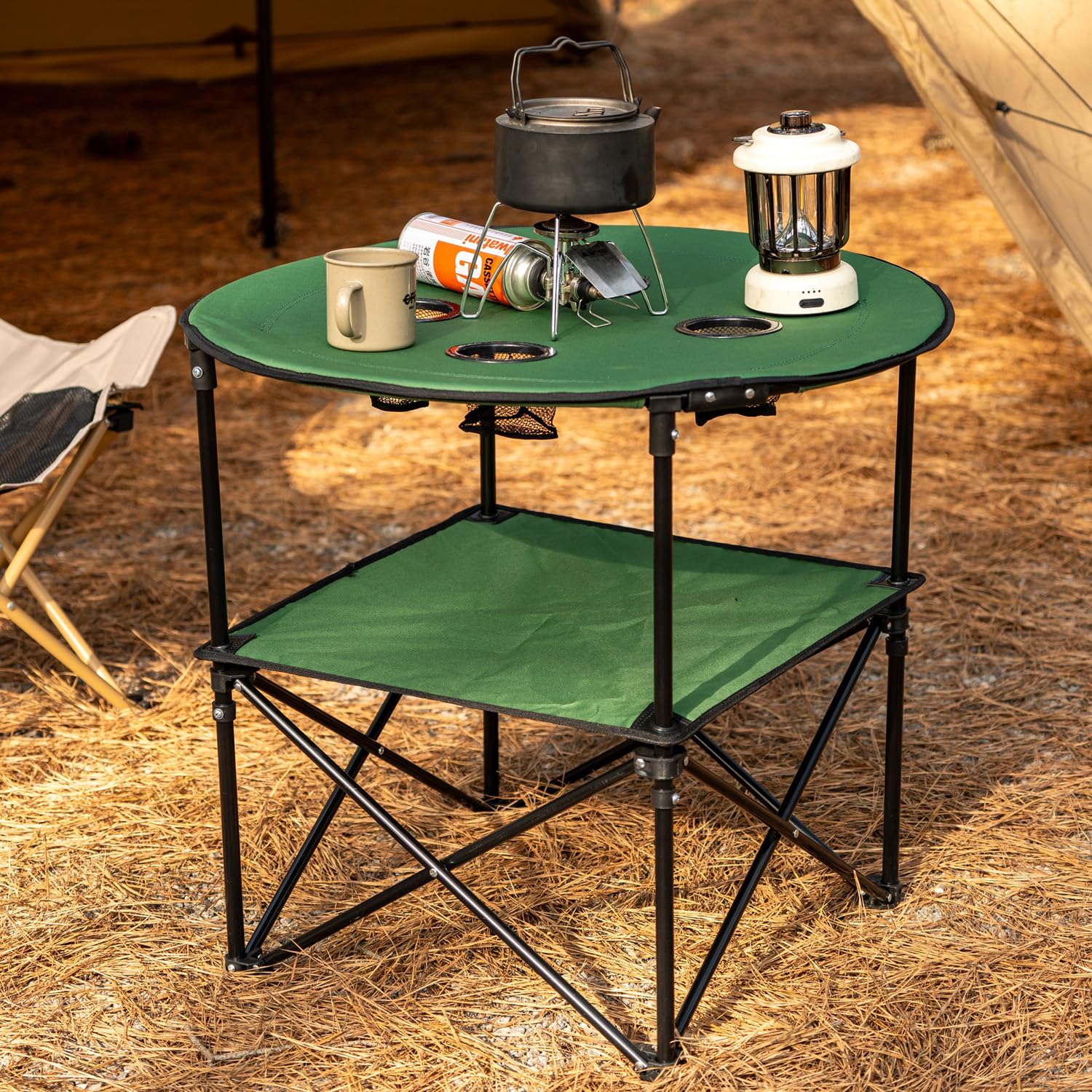 Portable Outdoor Camping Folding Round Table, Double Layer Picnic Table with Four Cup Holes and Carry Bag, Table Suitable for Outside, Beach and BBQ (Army Green)