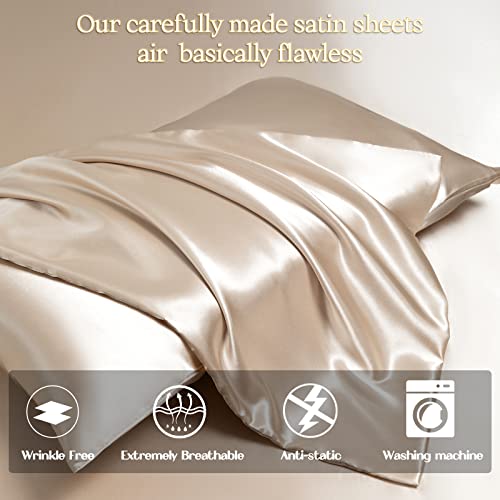 YUEZAISHOU Khaki Satin Sheets Full - 4pcs Silk Bed Sheets Full Hotel Luxury Extra Soft Silky Bedding Set -15" Deep Pocket Fitted Sheet & Flat Sheet & 2 Pillowcases - Wrinkle, Fade, Stain Resistant