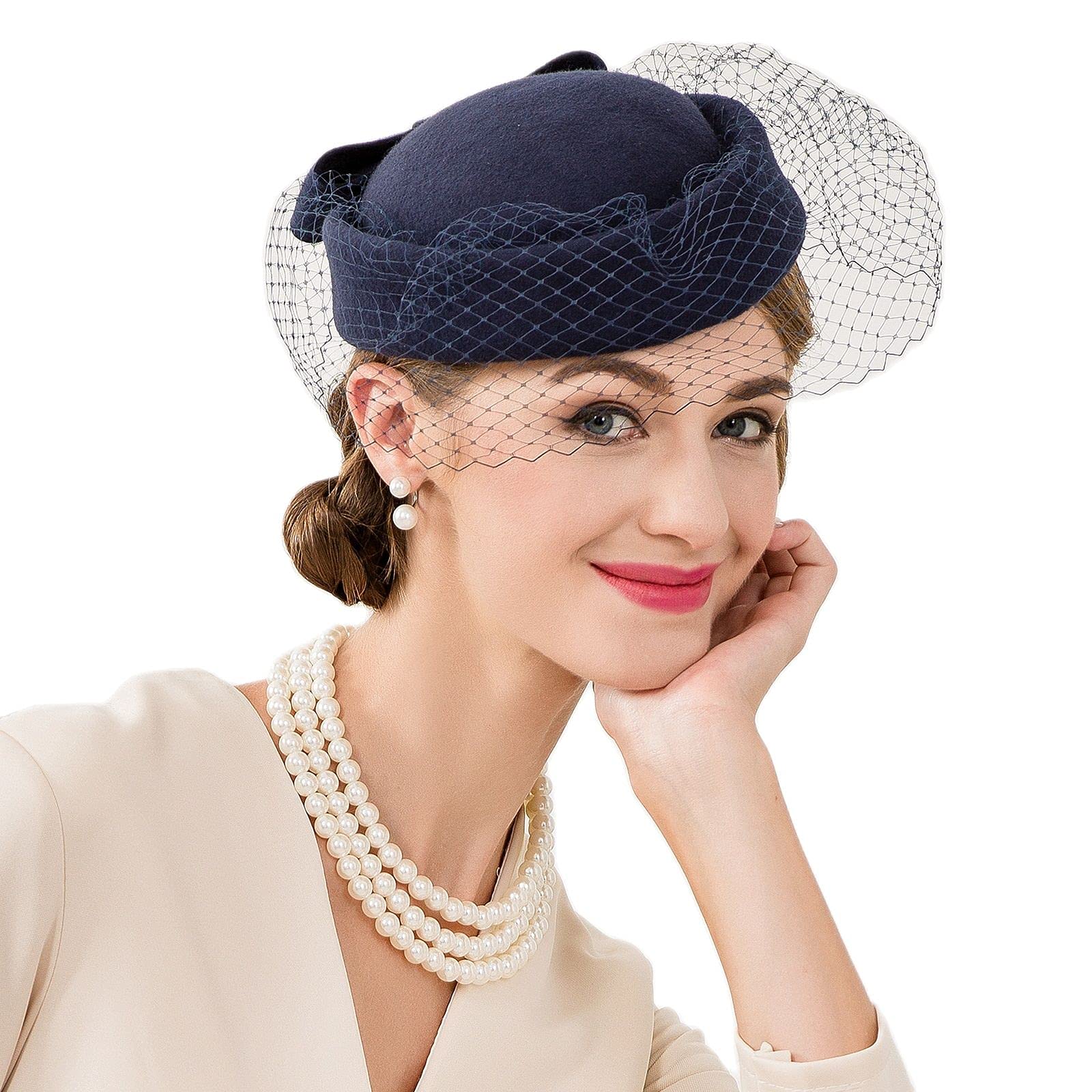 TS British Vintage Wool Felt Pillbox Hat with Veil Flower Fedoras Headpiece for Tea Party Wedding Church