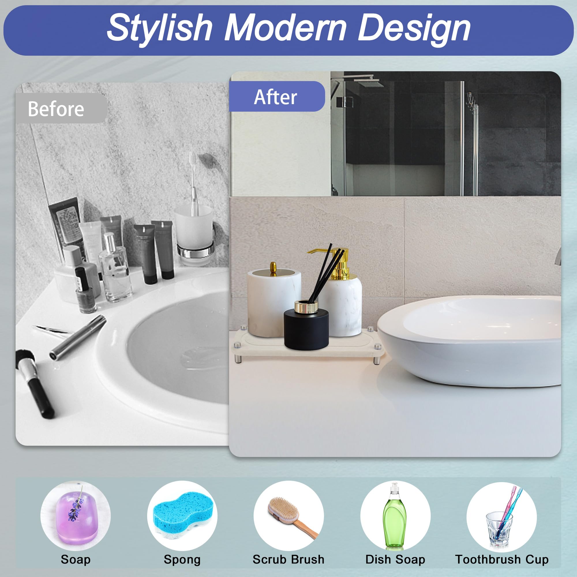 Yukee 2PCS Diatomaceous Earth Instant Dry Sink Organizer Bathroom Kitchen Counter Fast Water Absorbing Stone Sink Caddy Tray Sponge Soap Bottle Storage Shelf Holder Rack