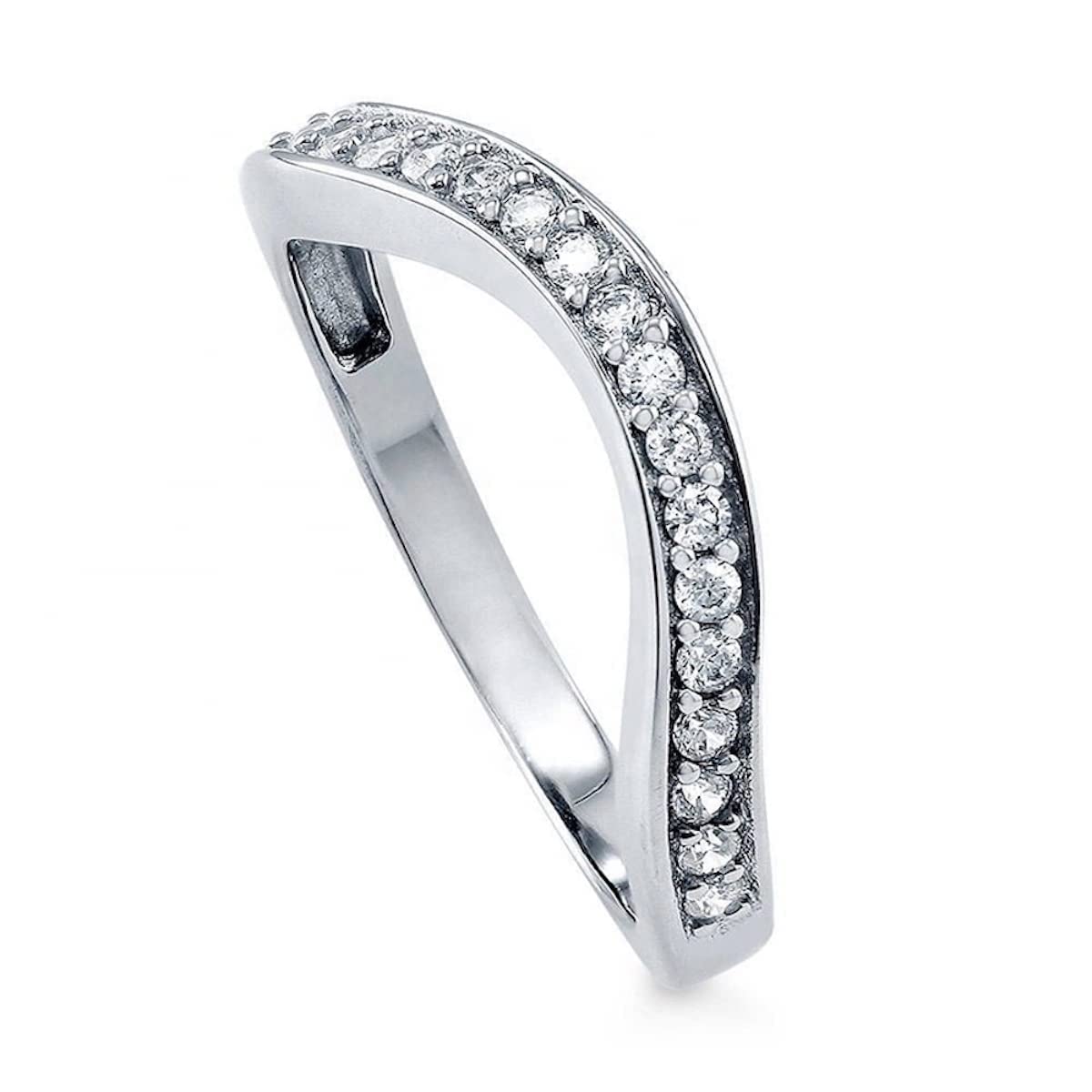 TwoBirch Platinum Plated Sterling Silver Round Cut Moissanite Curved Wedding Ring (GRA CERTIFIED) (17 x 1.5 MM Round Moissanites) Size 8
