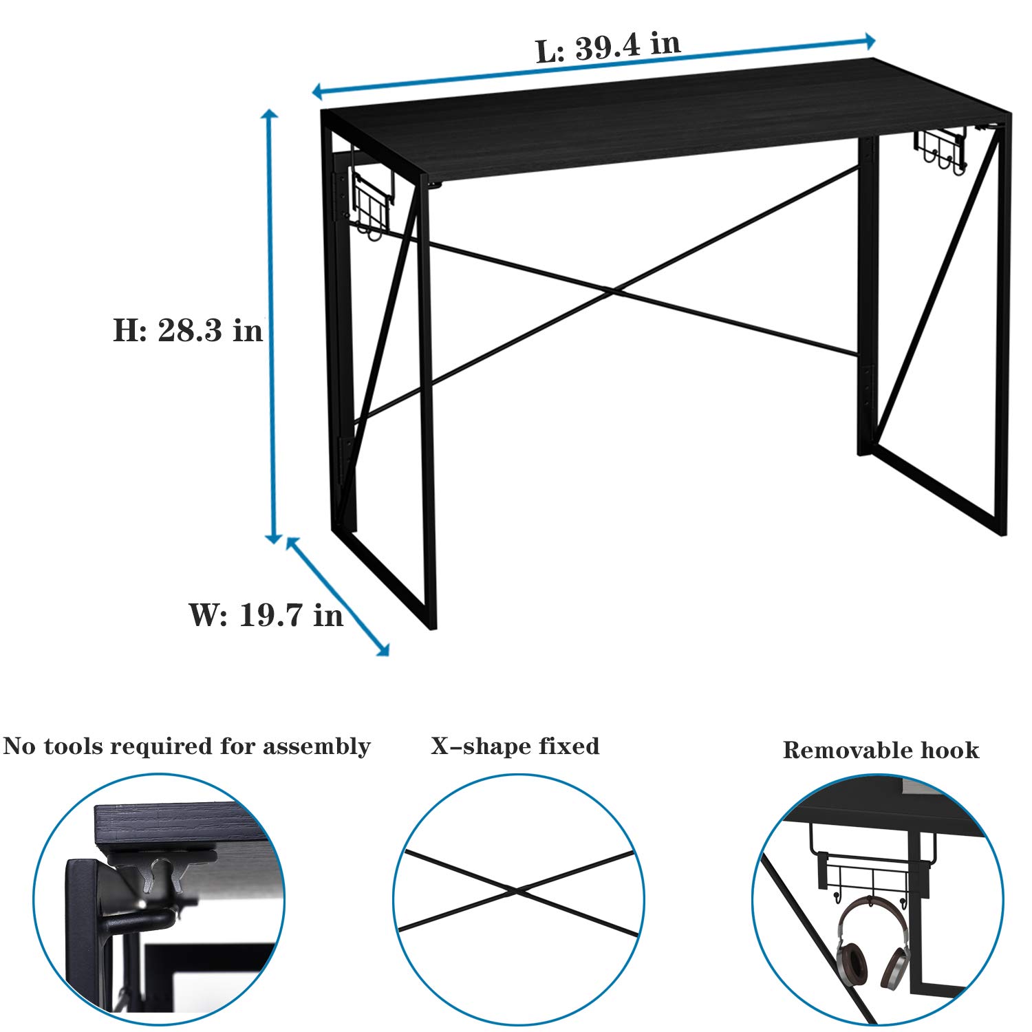 Upure Folding Computer Desk 40" Modern Simple Study Table Foldable Desk Gaming Desk with Removable Hook Home Office Desk Black
