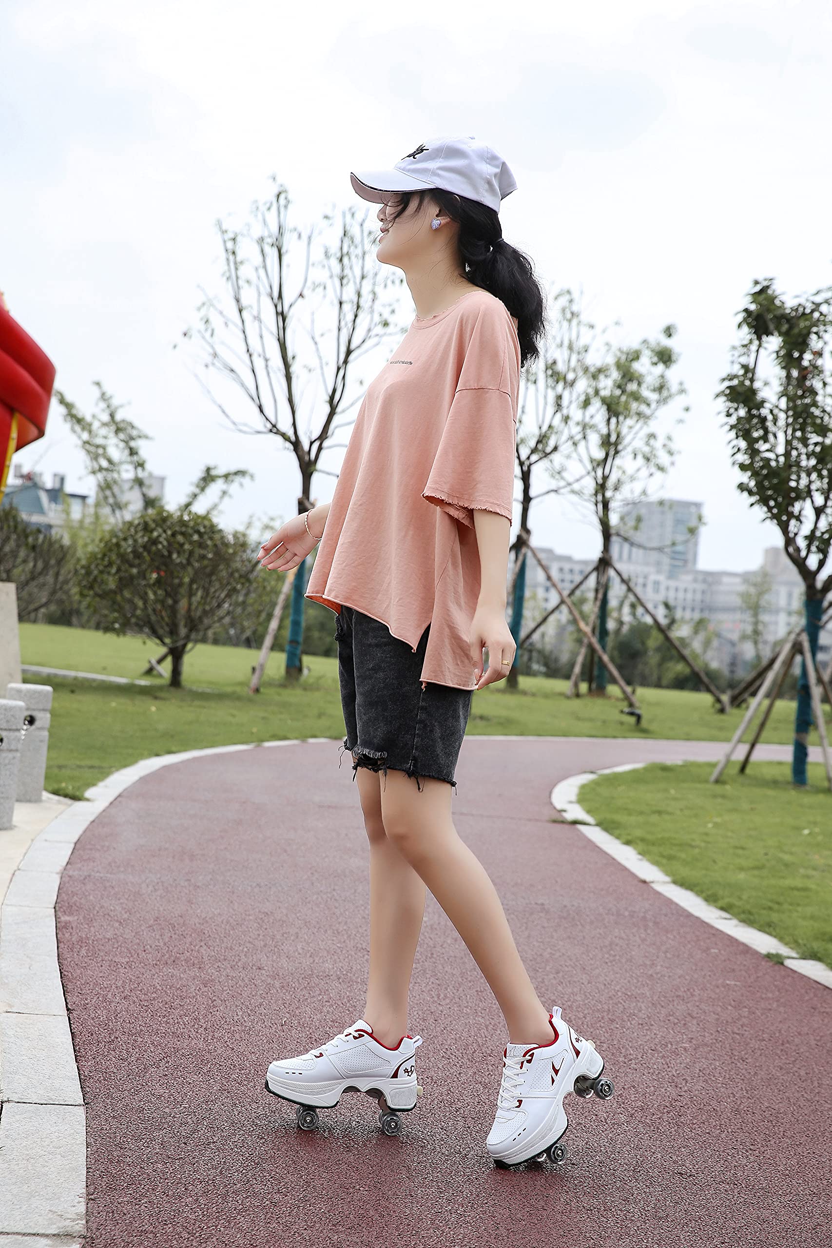 PLMOKN Women's Retractable Roller Skates Outdoor Girls Kick Roller Shoes Men Deformation Sneakers,(???) EU 36/US 5.5,White