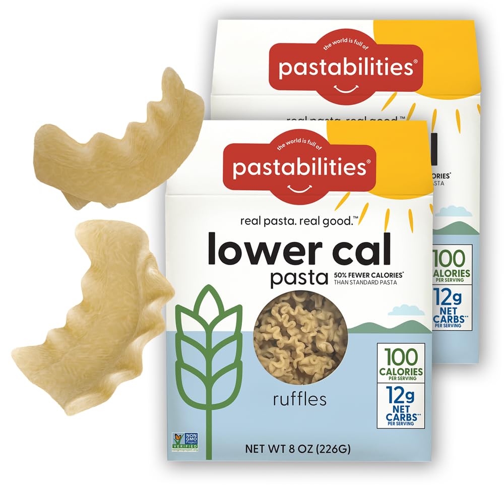 Pastabilities, Lower Calorie Pasta, Ruffles Pasta (8 oz, Pack of 2) Low Calorie Pasta, 100 Calories Per Serving, 12g Net Carbs, Low Carb Pasta