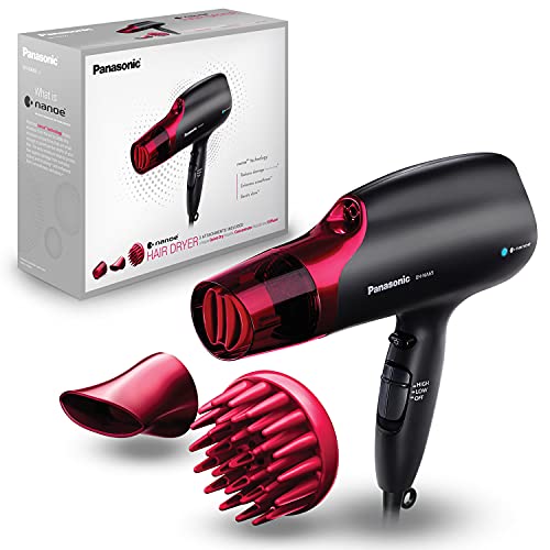 Panasonic Nanoe Hair Dryer, 1875 Watt Professional Blow Dryer for Smooth, Shiny Hair with 3 Attachments Quick Dry Nozzle, Diffuser and Concentrator Nozzle โ EH-NA65-K (Black/Pink), Black