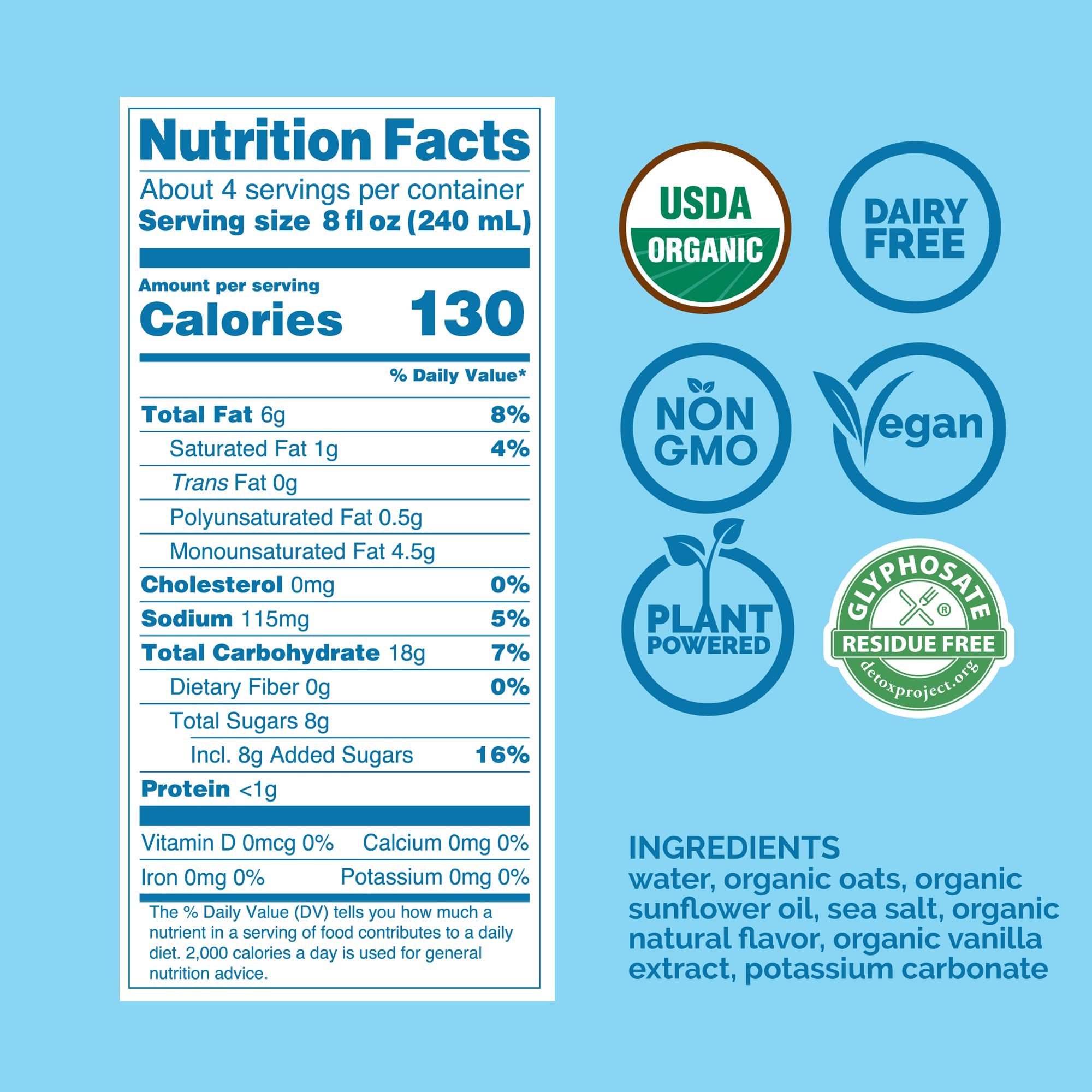 RISE Brewing Co. Vanilla Oat Milk USDA Organic & Non-GMO, Vegan & Non-Dairy, 32 fl. oz. Cartons (6 pack)