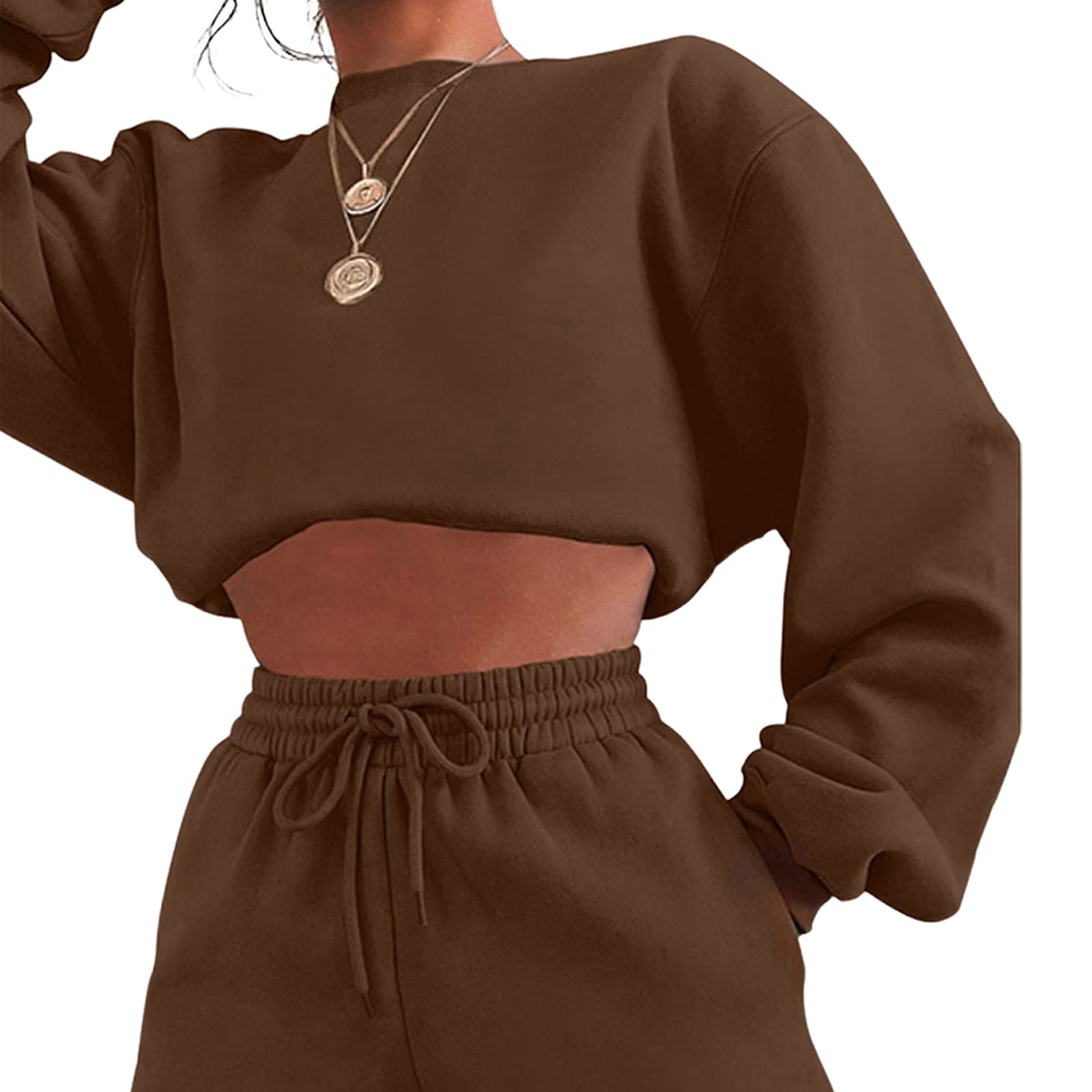 Tsnbre Womens Short Sets 2 Piece Outfits Long Sleeve Solid Pullover Sweatshirt + Loose Sweat Shorts Set (Brown, Large)