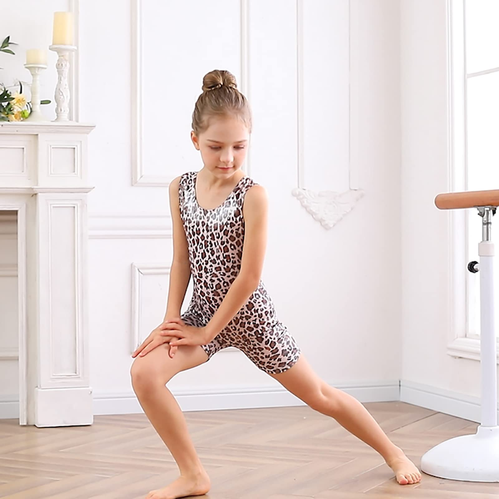 uideazone Girls Gymnastics Leotards size 6 7 One-piece Sparkly Bodysuit Quick Dry Leopard Athletic Unitards Biketards Swimwear