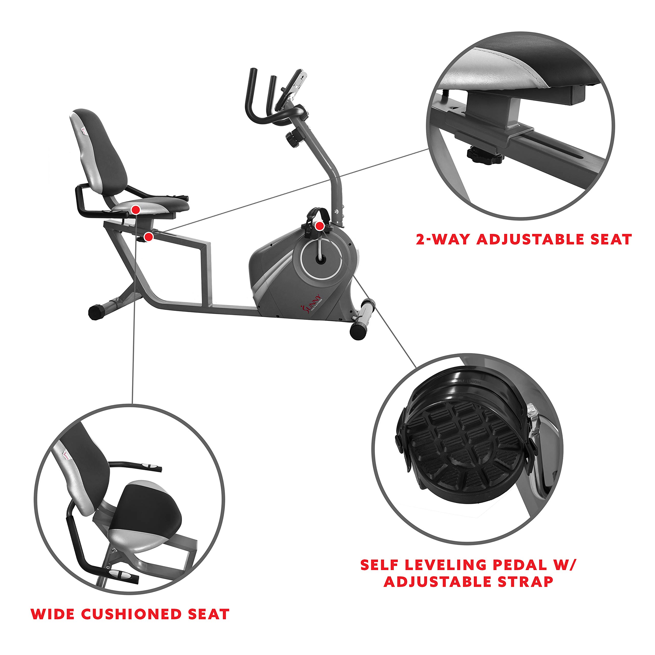 Sunny Health & Fitness Recumbent Bike - SF-RB4876, silver