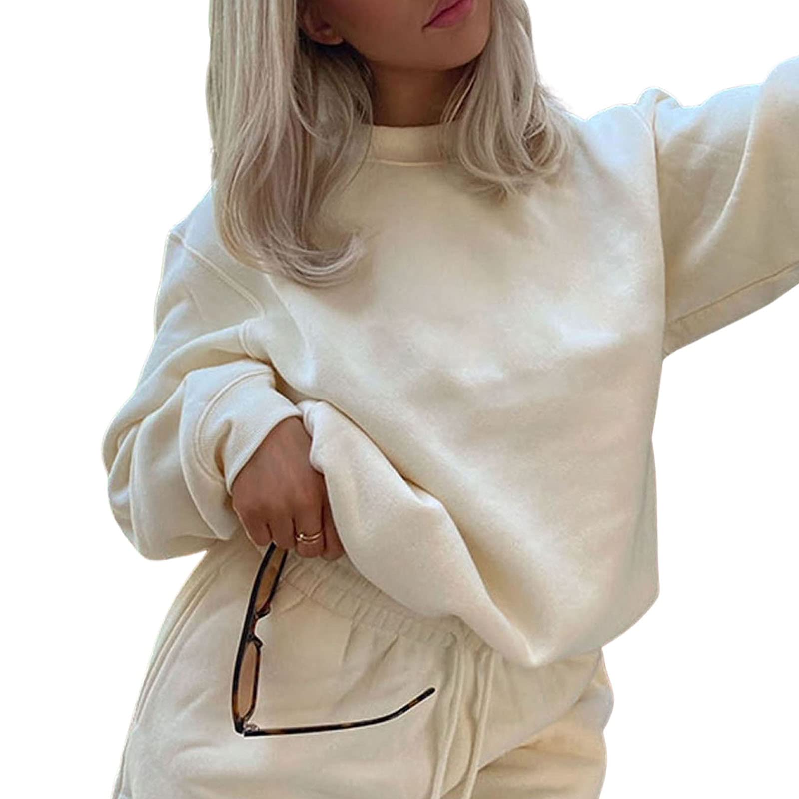 Tsnbre Womens Short Sets 2 Piece Outfits Long Sleeve Solid Pullover Sweatshirt + Loose Sweat Shorts Set (Apricot, Medium)