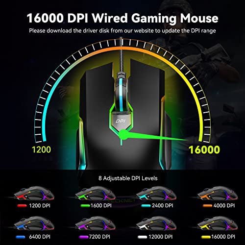 TECKNET Ergonomic Wired Mouse, 4 Adjustable DPI Levels, Silent & Flexible, Compatible with Windows/Mac/Chrome/Linux, 1.5m USB Cable