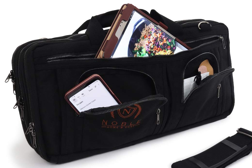 Waxed Canvas Chef Knife Bag Holds 19 Knives PLUS Knife Steel Meat Cleaver and Large Storage Compartments! Our Most Durable Professional Line Knife Carrier Includes Custom Padlock! (Bag Only) (Black)