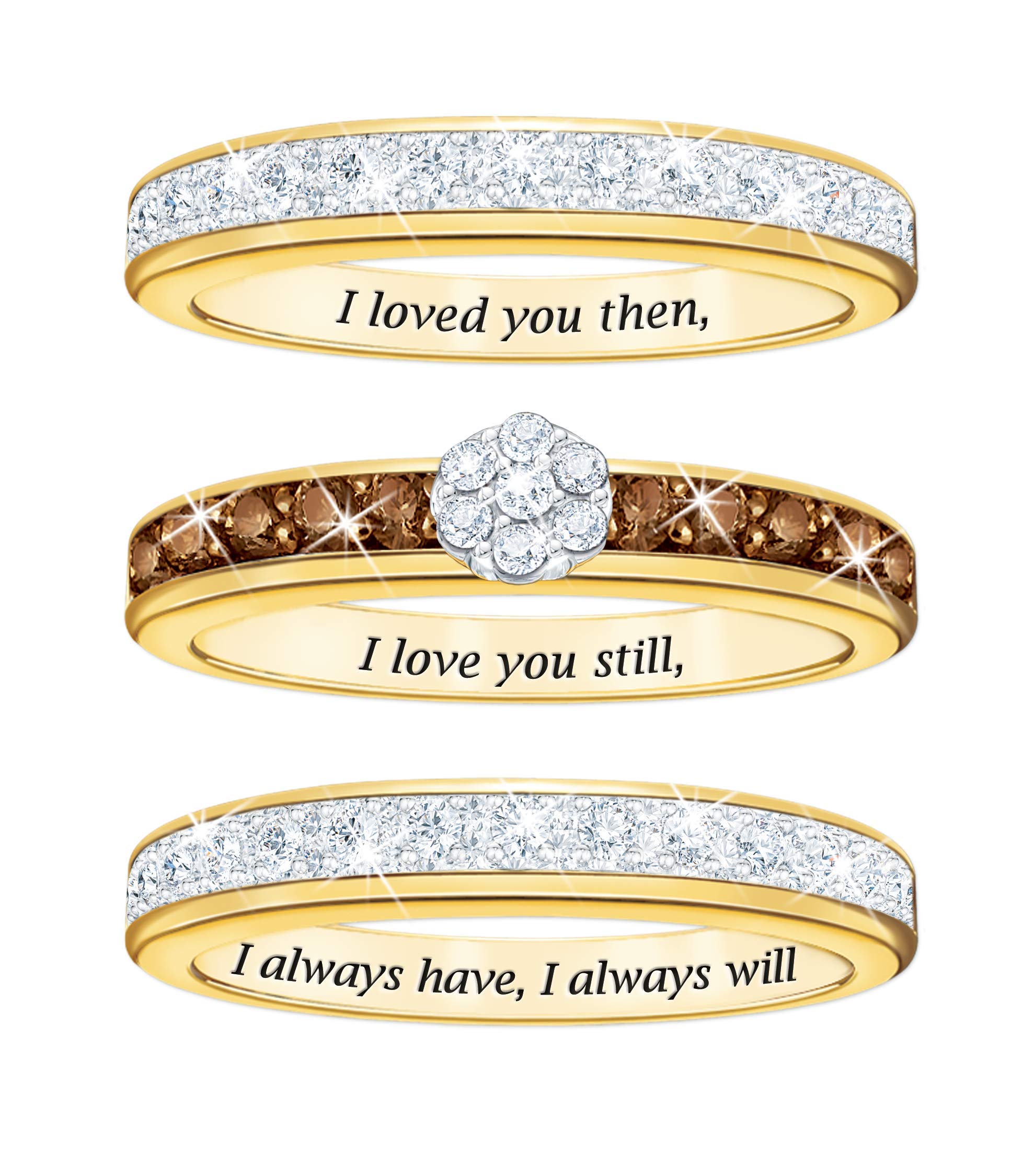 The Danbury Mint I Love You Always Diamond Gold Ring Set – Stacked Bands – 14kt Gold-Plated – Genuine White and Mocha Diamonds – Sentimental – Elegant Romantic Gift (Gold, 9) #5215-003
