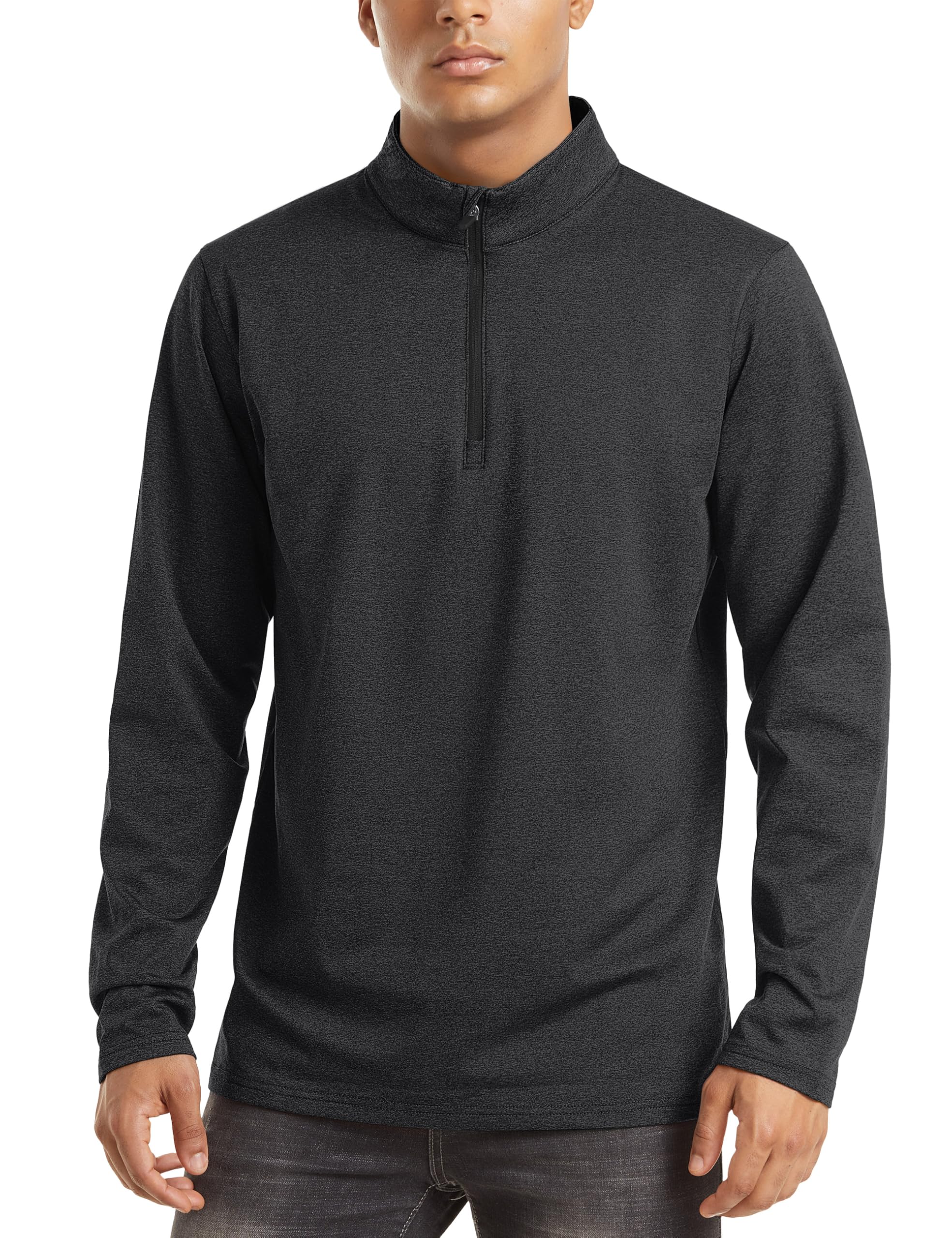 TACVASEN Men's Sports Performance Shirts Long Sleeve Pullover Shirts Tops Zip Up Black Grey, M