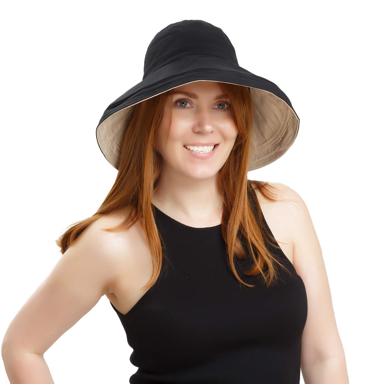 Sun Hats Women Bucket Floppy Cotton Hat Wide Brim Summer Beach Caps Packable UV UPF 50+ (Black)