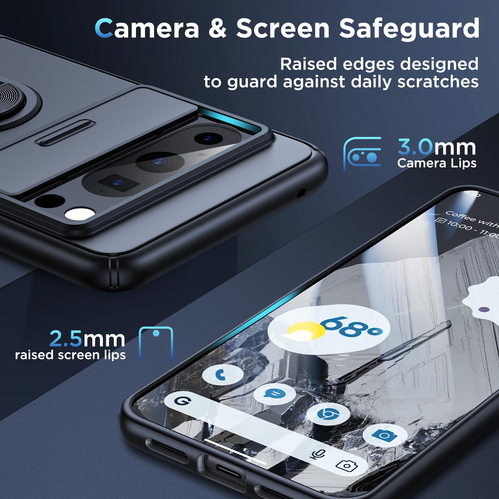 Simtect for Google Pixel 8 Pro Case with Sliding Camera Cover, [Military Drop Protection] [360° Rotation Ring Stand], Slim Protective Case for Google Pixel 8 Pro Phone Case 6.7'' - Black