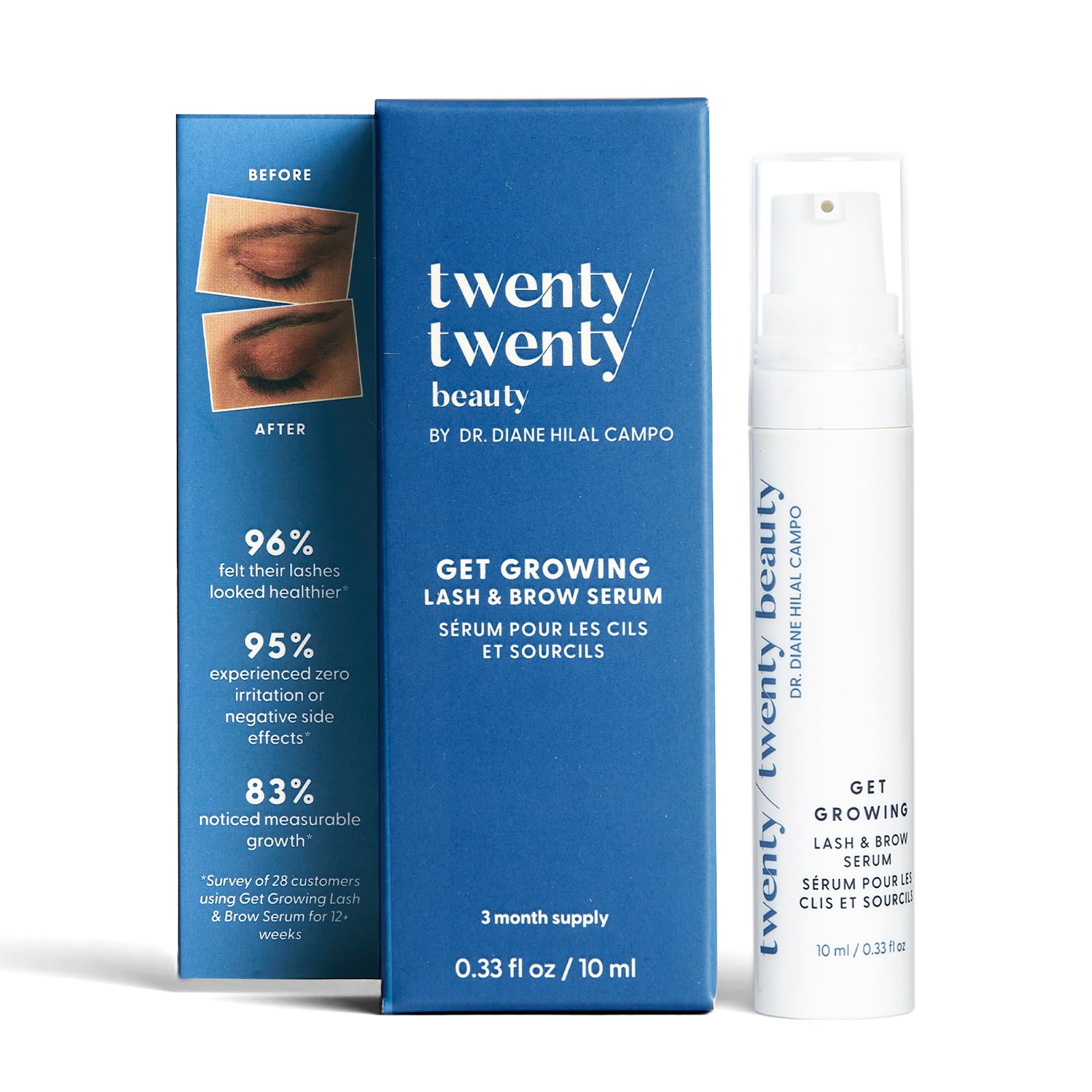 twenty/twenty beauty Get Growing Lash & Brow Serum, Made in USA with Castor Oil for Longer, Fuller, Thicker Looking Lashes, Natural and Physician Developed (0.33 Fl Oz)