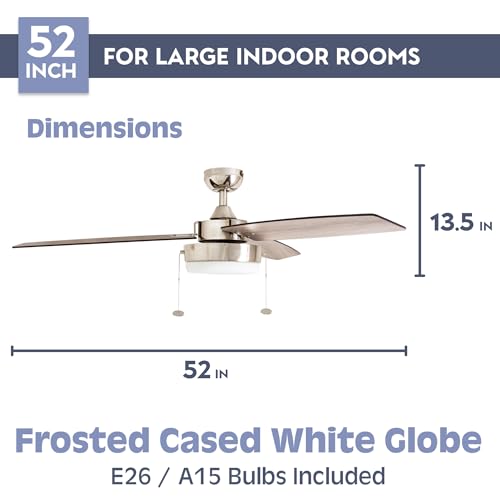 Prominence Home Statham, 52 Inch Contemporary Indoor LED Ceiling Fan with Light, Pull Chain, Dual Mounting Options, Modern Dual Finish Blades, Reversible Motor - 51019-01 (Brushed Nickel)