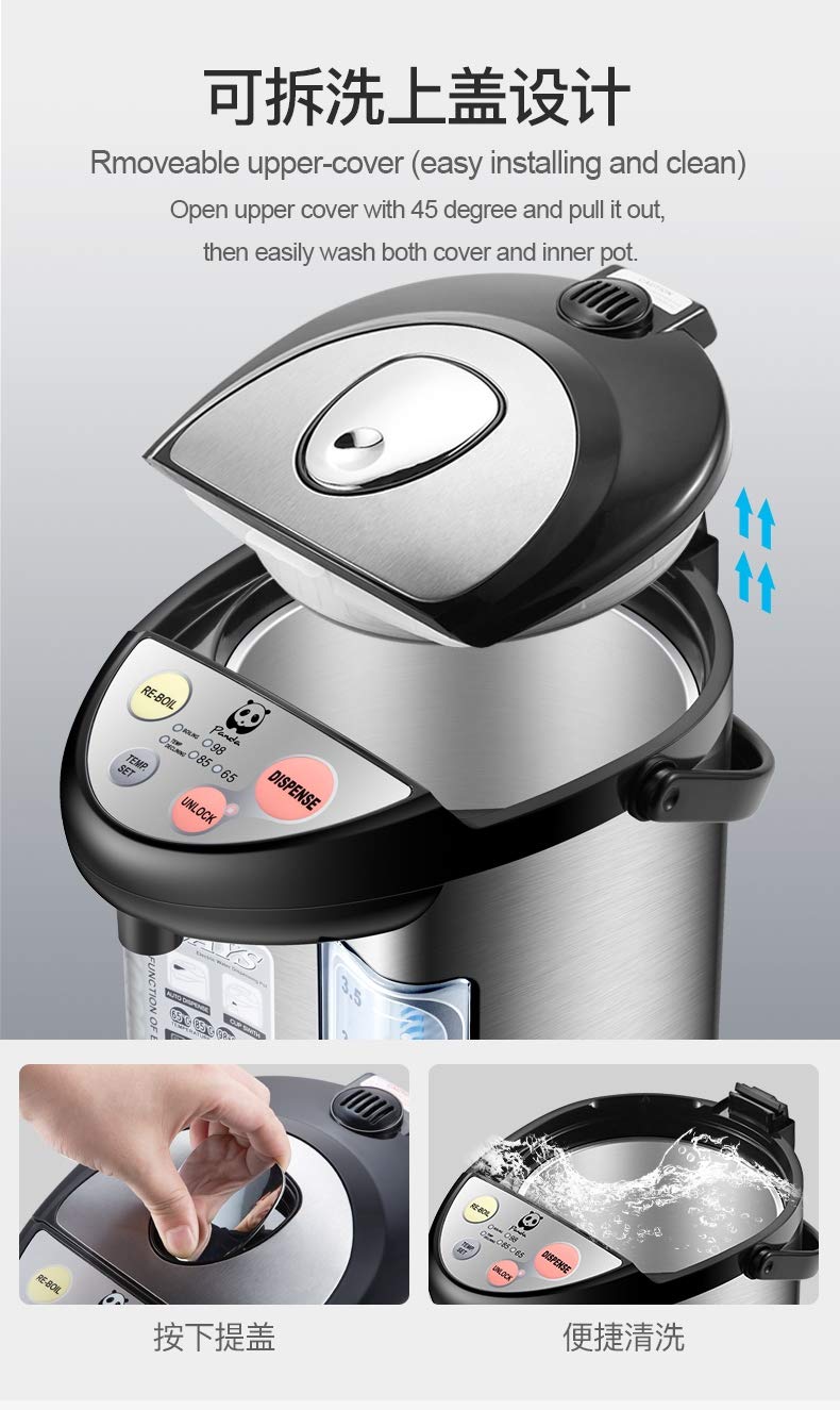 Panda Electric Water Boiler and Warmer, 3.3L, Stainless Steel/Brown, 750W, Single Hand Operation, Overheat Protection, Temperature Control