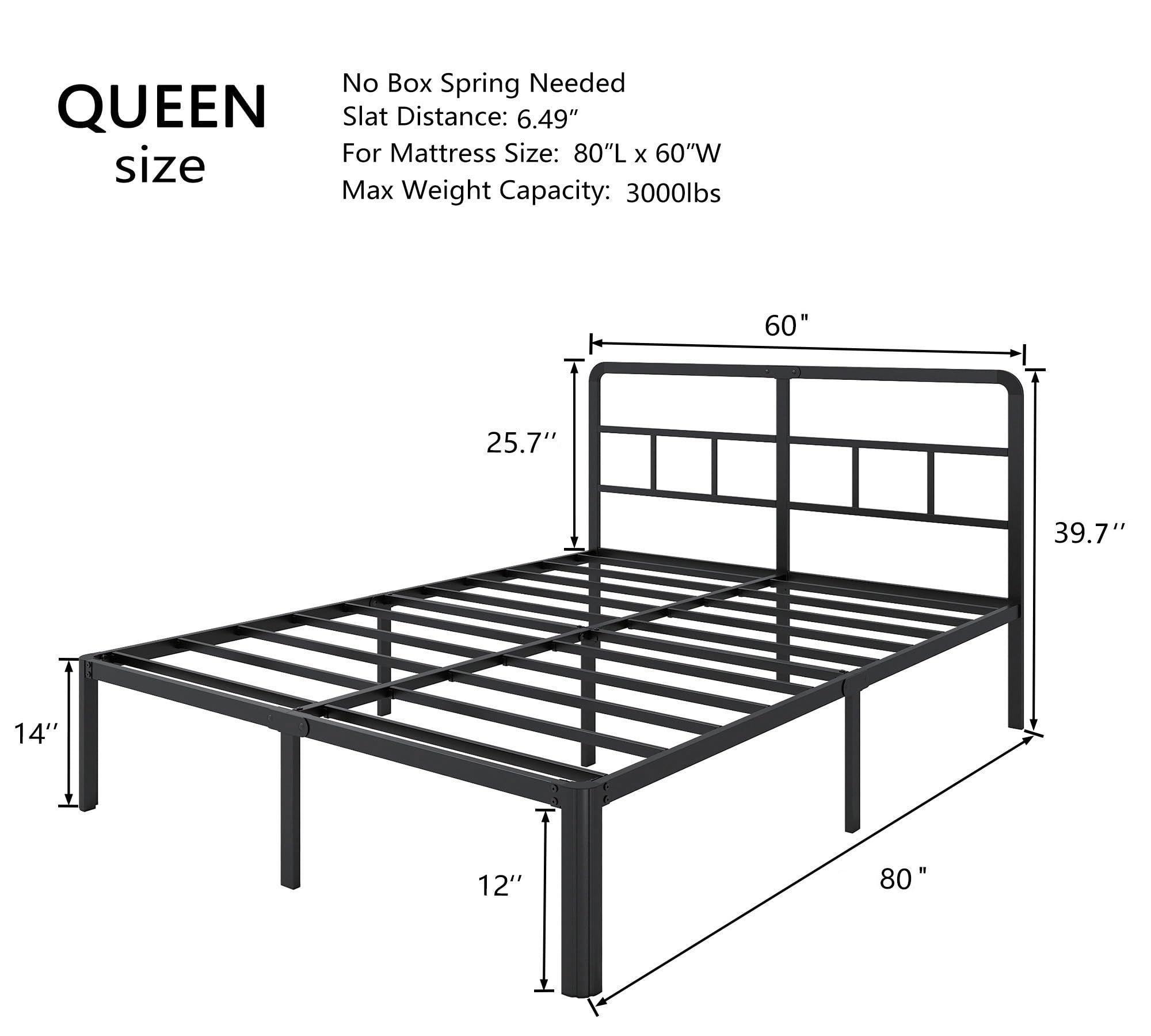 Riwanca 14 Inch Queen Size Bed Frame with Headboard, No Box Spring Needed, Heavy Duty Black Metal Platform Mattress Foundation with Rounded Corners, Non-Slip Noise Free, Under Bed Storage Space