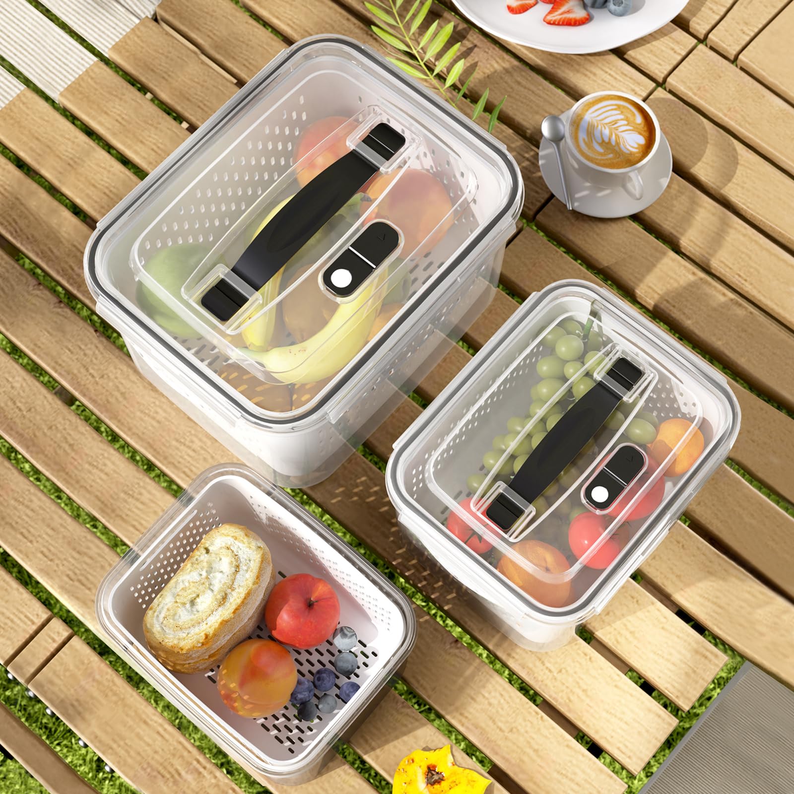 Ronanemon 3Pack Fridge Food Storage Container Set with Lids with Strainer,Plastic Fresh Produce Saver Vegetable Fruit Meat Storage Organization, BPA-Free Plastic Produce Keepers(3.15L+1.7L+0.8L)