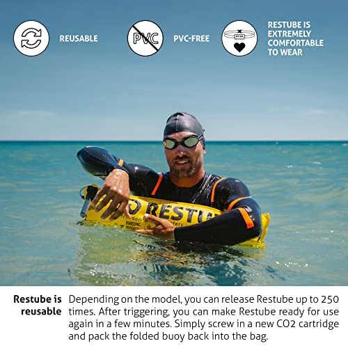 Restube Active Swimming Safety Buoy for Adults and Kids - Open Water Swim Buoy to Help Swimmers Stay Afloat - One-Pull Inflatable Mechanism Life Buoy with Whistle