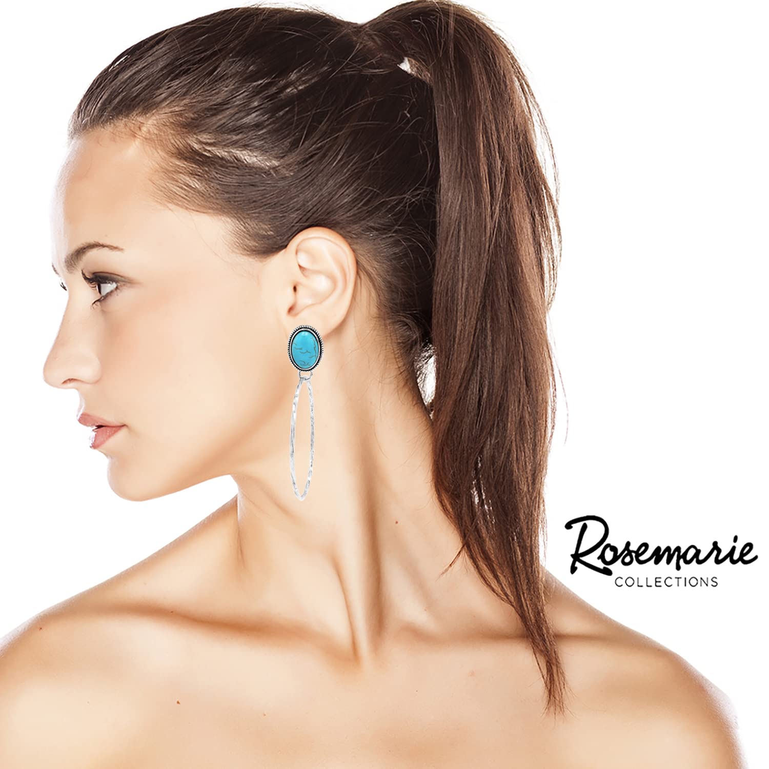 Rosemarie & Jubalee Women's Western Style Turquoise Howlite Hoop Dangle Earrings, 38-50mm (50 Oval Concho Top)