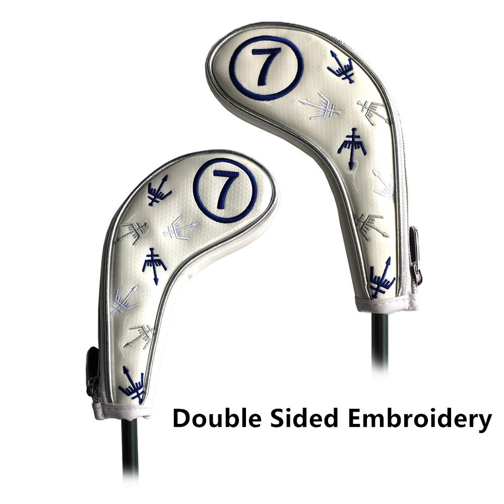 SUNBRO Golf 9pcs (4,5,6,7,8,9,A,P,S) Enamel Luxury Embroidery Greek Culture Poseido Trident Golf Iron Cover Headcovers Head Cover Set Suitable for Right & Left Handed Zipper Closure (WhiteBlue)