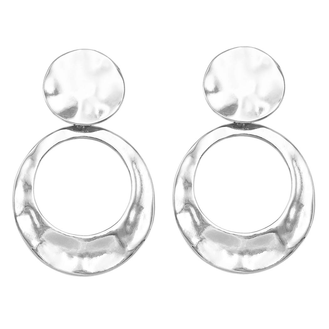 Rosemarie Collections Women's Statement Matte Hammered Metal Disc Hoop Dangle Clip on Style Earrings, 2.75" (Polished Silver Tone)