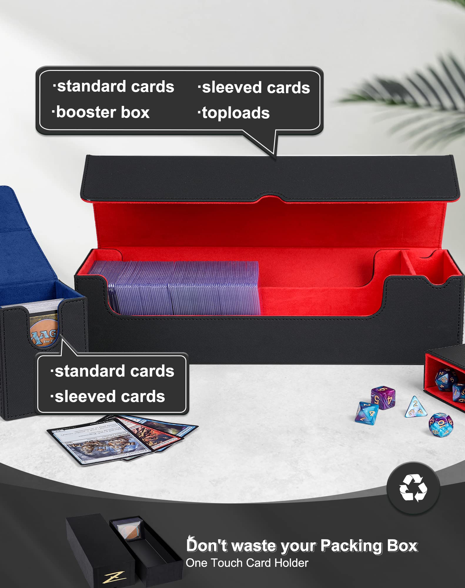 ZLCA Card Deck Box 5 In 1, Include 1600+ Premium Trading Card Storage Box with Dice Tray, and 4 PCS Card Deck Case for MTG, TCG, Sports Cards, Card Gaming Accessories Present Set (Black & Red Set 2)