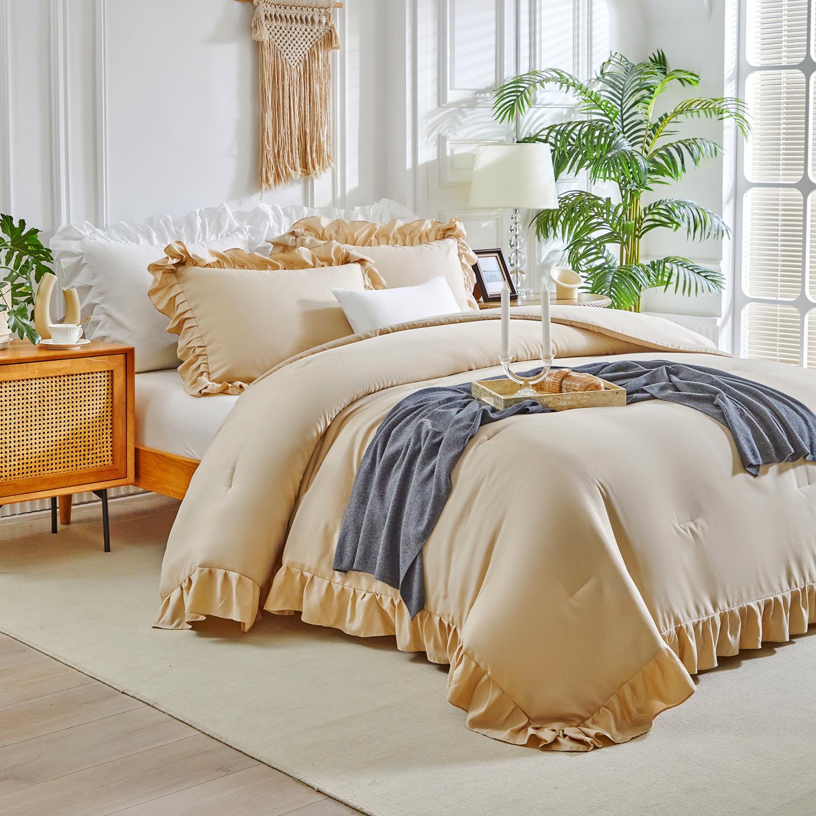 Pink Tassels Comforter Set King Size 102"x90" 3 Pieces Fringe Pink Tassel Boho Bedding Set Lightweight Soft Microfiber Shabby Chic Bohemian Style for Summer