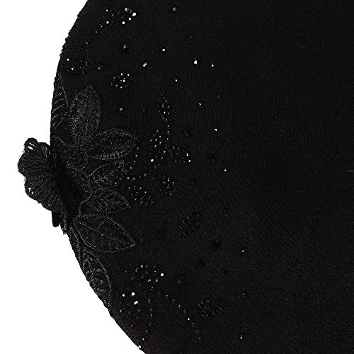 ZLYC Womens French Beret hat, Reversible Solid Color Cashmere Mosaic Warm Beret Cap for Girls (Flower Black)