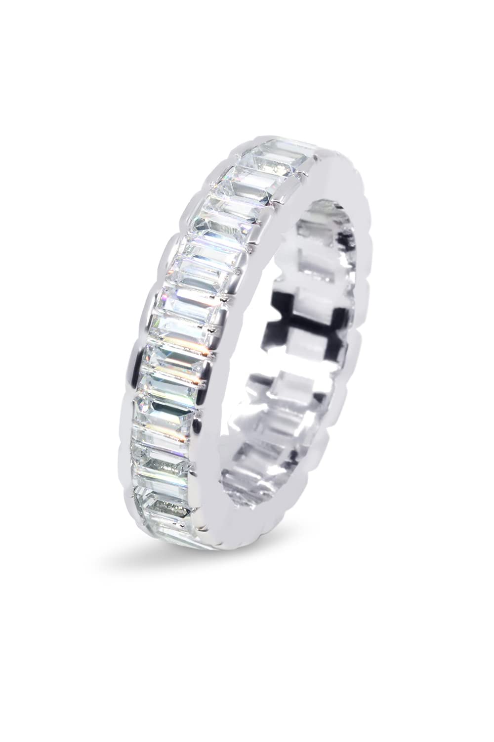 Savlano 18K White Gold Plated Cubic Zirconia Emerald Cut Eternity Ring Band for Women Men (8)