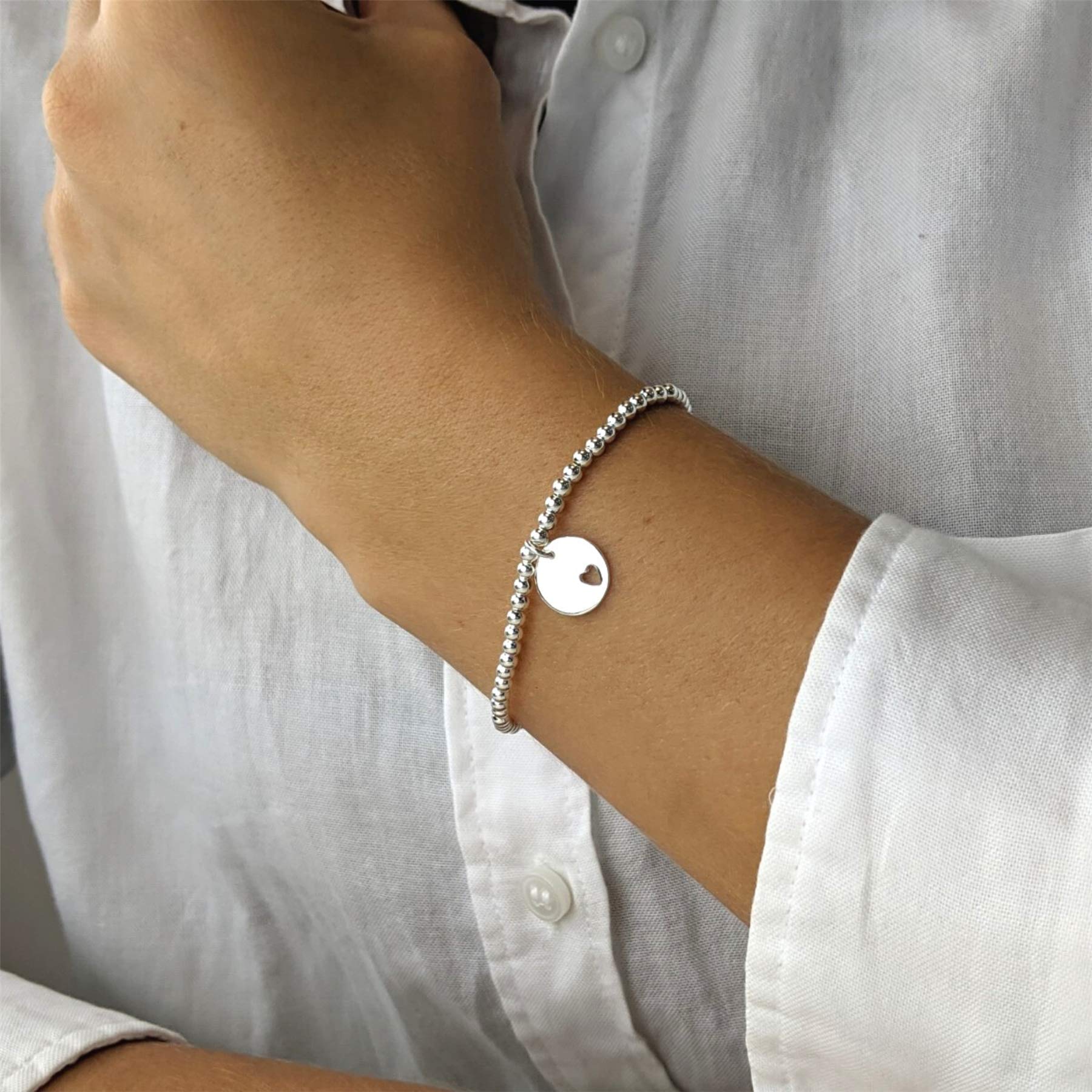 Silverly Women's 925 Sterling Silver Round Heart Charm Beaded Ball Stretch Bracelet