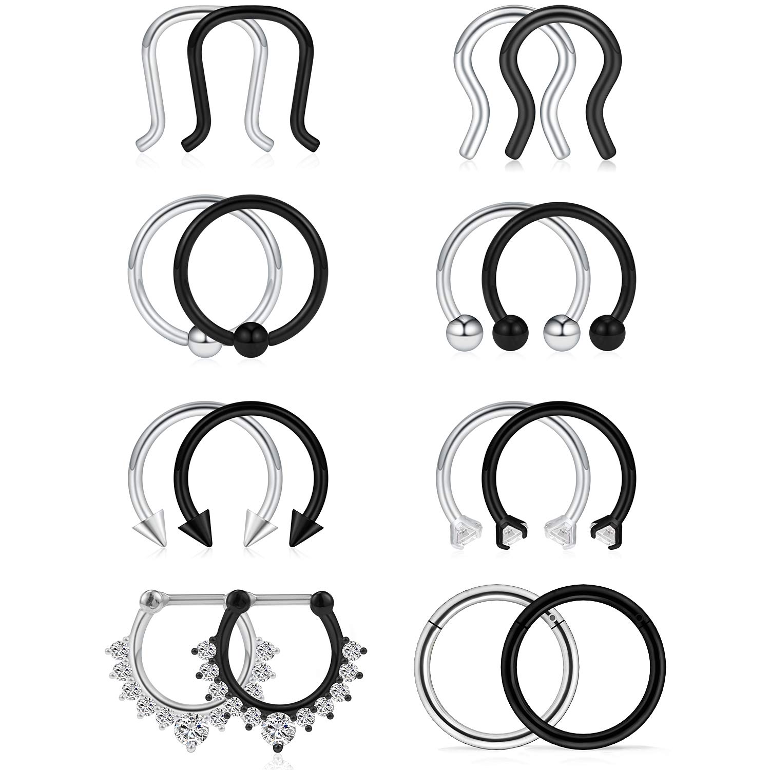 Ruifan 16PCS 16G Stainless Steel Septum Clicker Ring Piercing Nose Rings Hoop Tragus Cartilage Retainer Body Piercing Jewelry Clear CZ Silver And Black