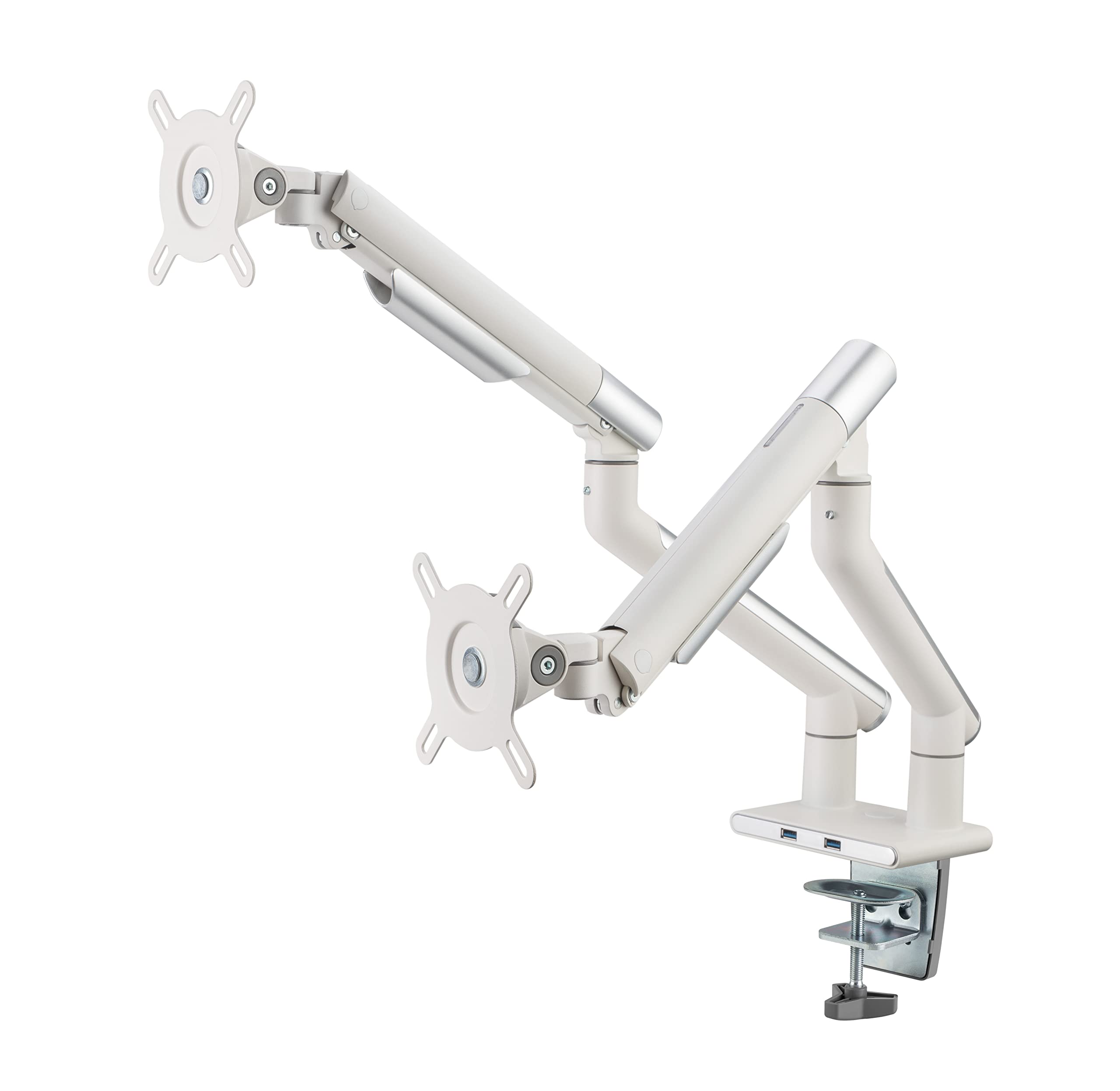 POUT E12 Dual Monitor Arm Mount Stand for Desk- Adjustable Full Motion Tilt/Swivel/Rotate 4-20lbs Capacity 75x75mm 100x100mm VESA 17"-32" Display Each - Extends 19" Forward & 17" High (White/Silver)